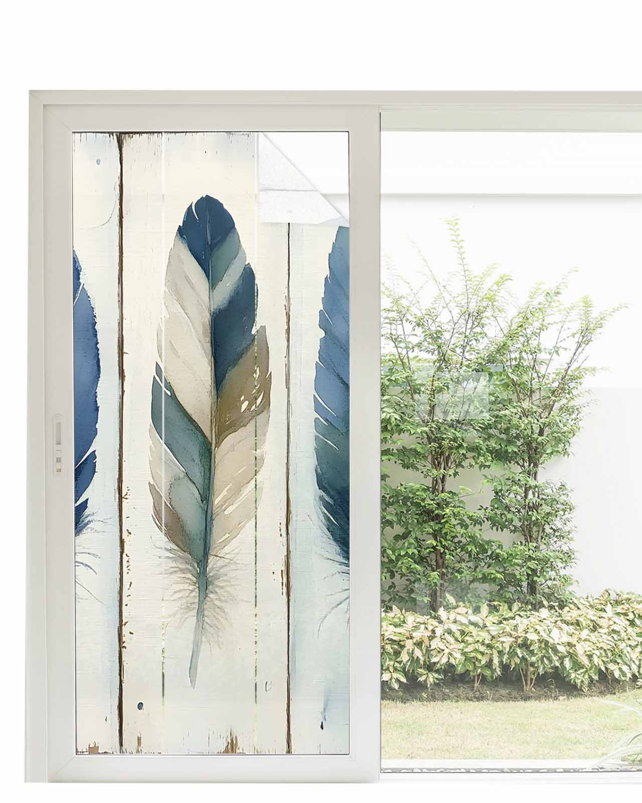 Window Privacy Film Boho Blue Feathers Stained Glass Window Film ...