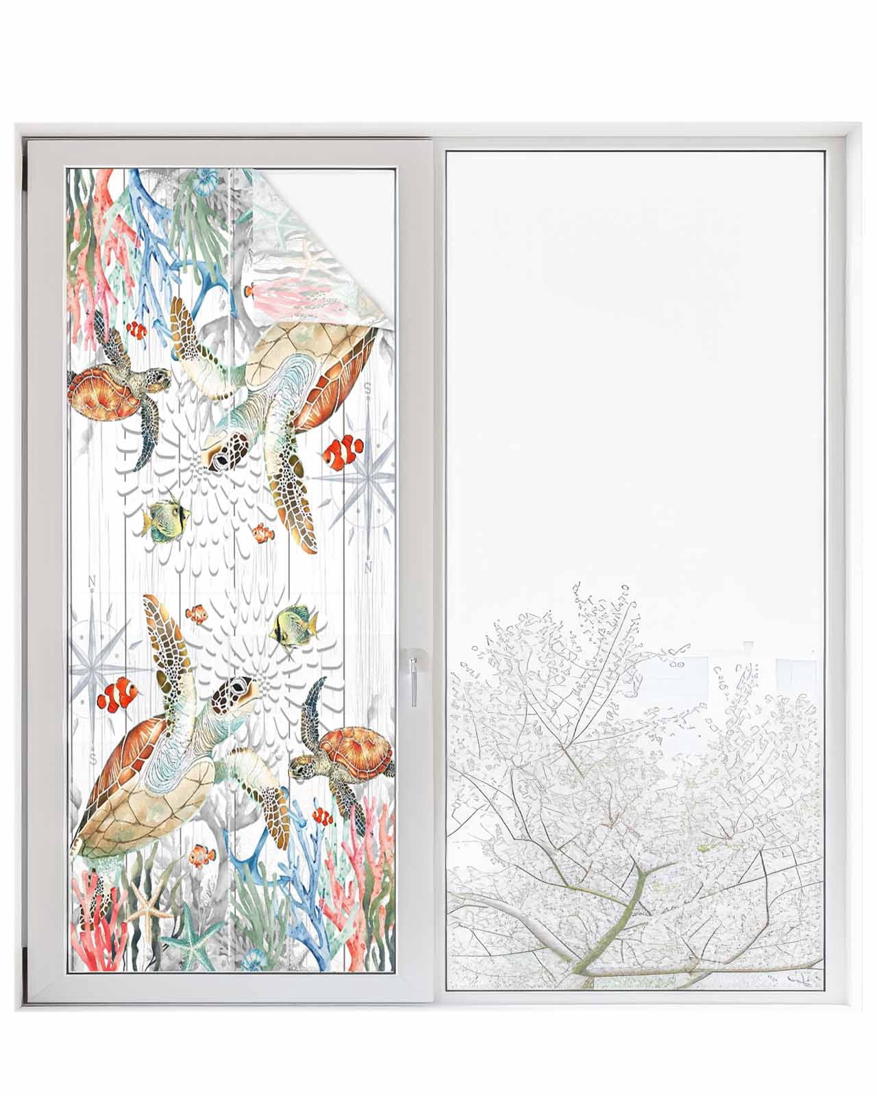 Window Privacy Film Brown Sea Turtle Coastal Stained Glass Window Film ...