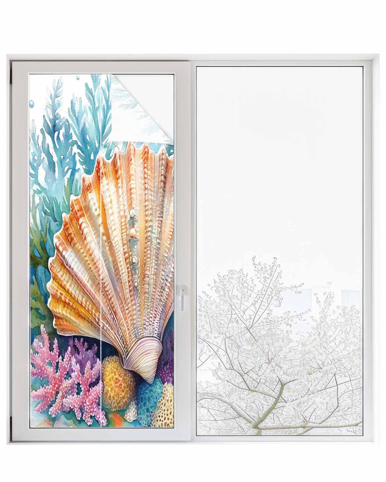 Window Privacy Film Coastal Beach Stained Glass Window Film Decorative Sun Block Window Cover ...