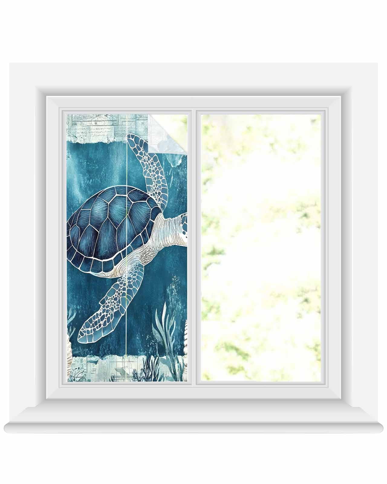 Window Privacy Film Coastal Blue Sea Turtle Stained Glass Window Film ...