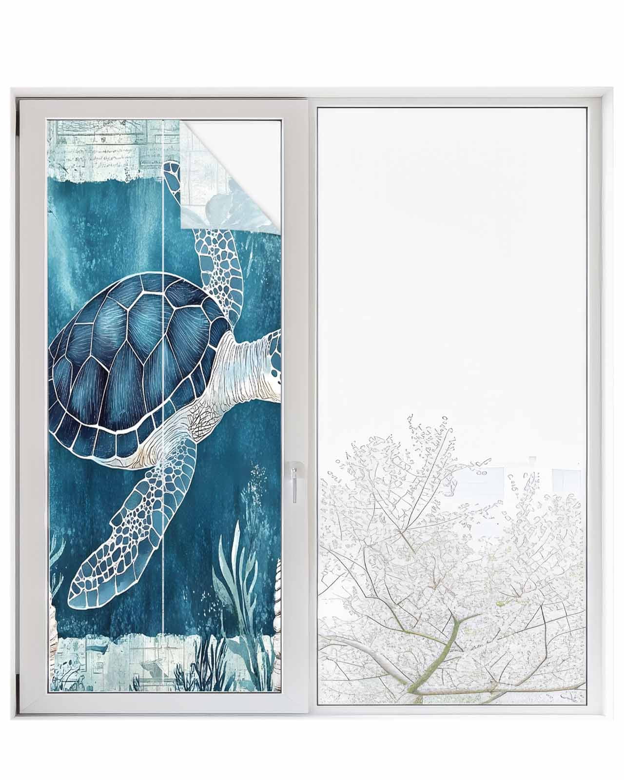 Window Privacy Film Coastal Blue Sea Turtle Stained Glass Window Film ...