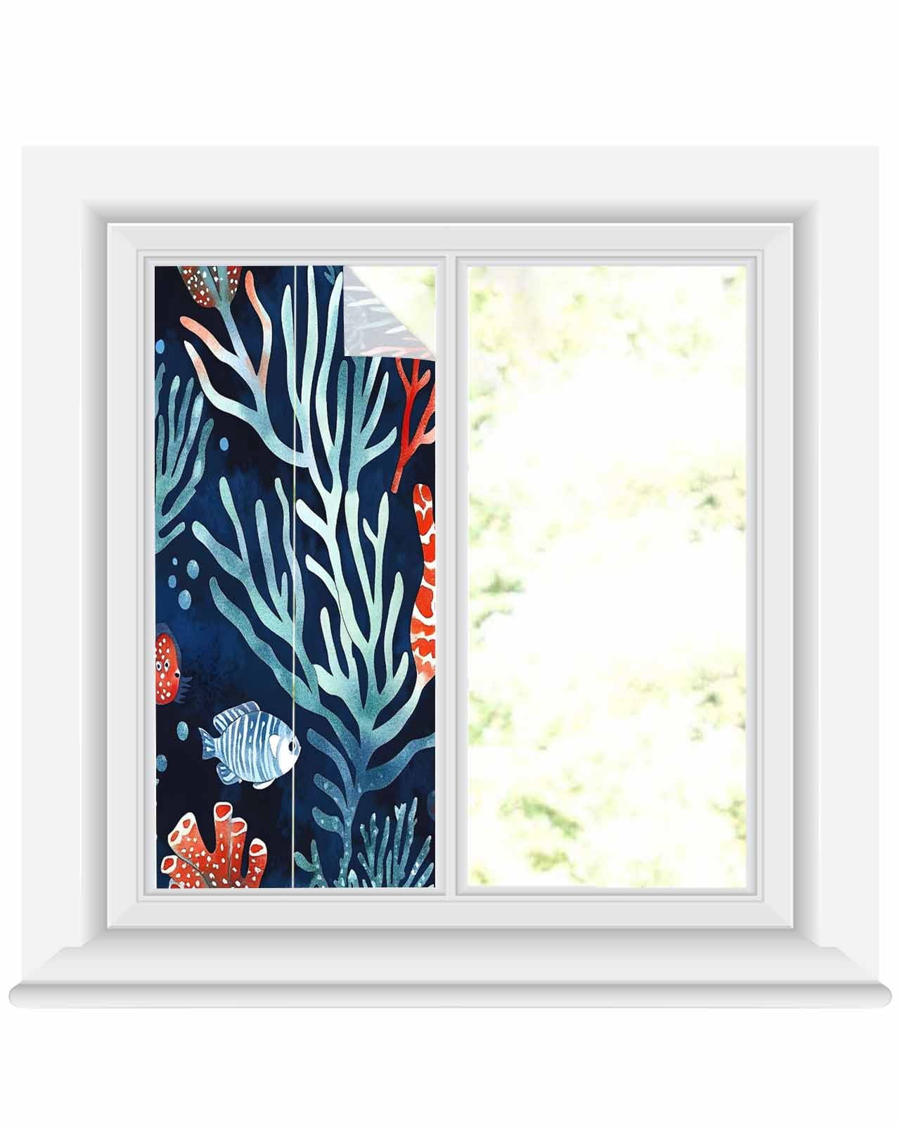 Window Privacy Film Coastal Teal Red Coral Stained Glass Window Film ...