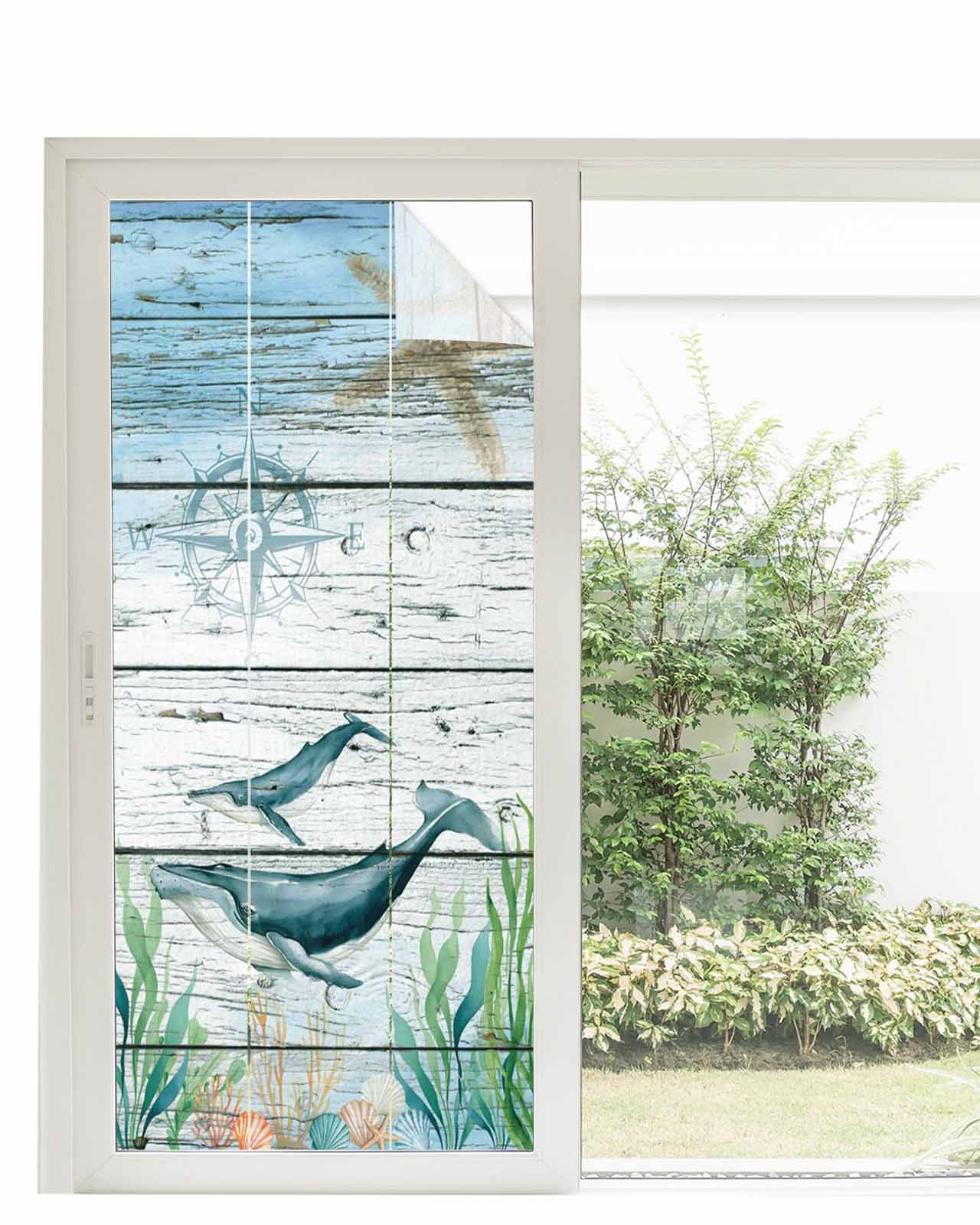 Window Privacy Film Coastal Whale Stained Glass Window Film Decorative ...