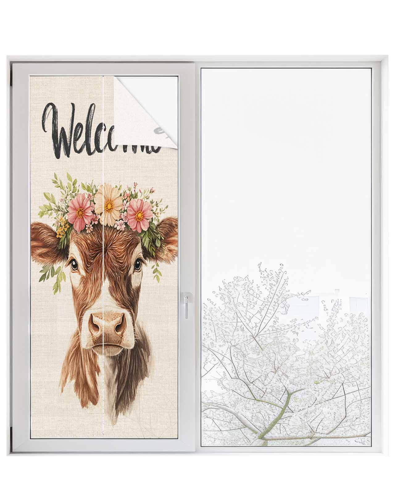 Window Privacy Film Cow Flower Garland Stained Glass Window Film ...