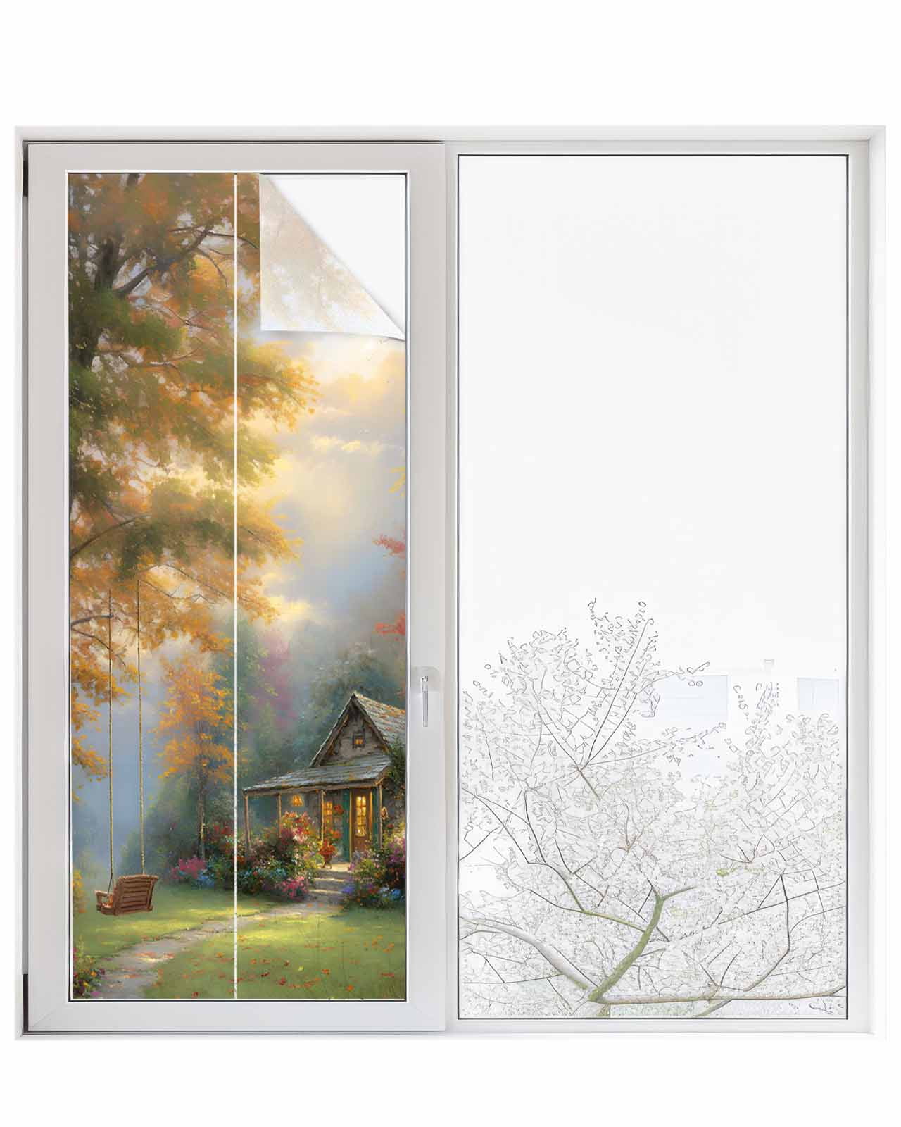 Window Privacy Film Fall Forest Stained Glass Window Film Decorative ...
