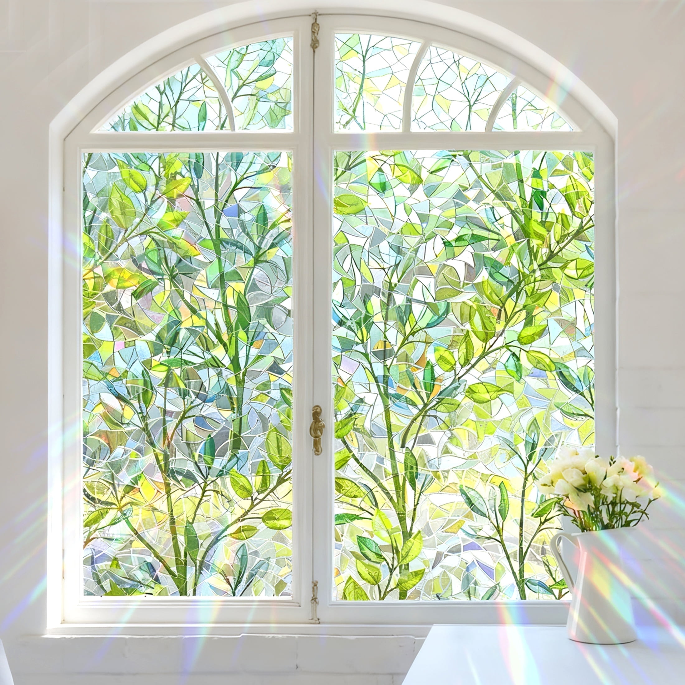 Window Privacy Film, Leaf Rainbow Glass Cling, 3D Decorative Coverings ...