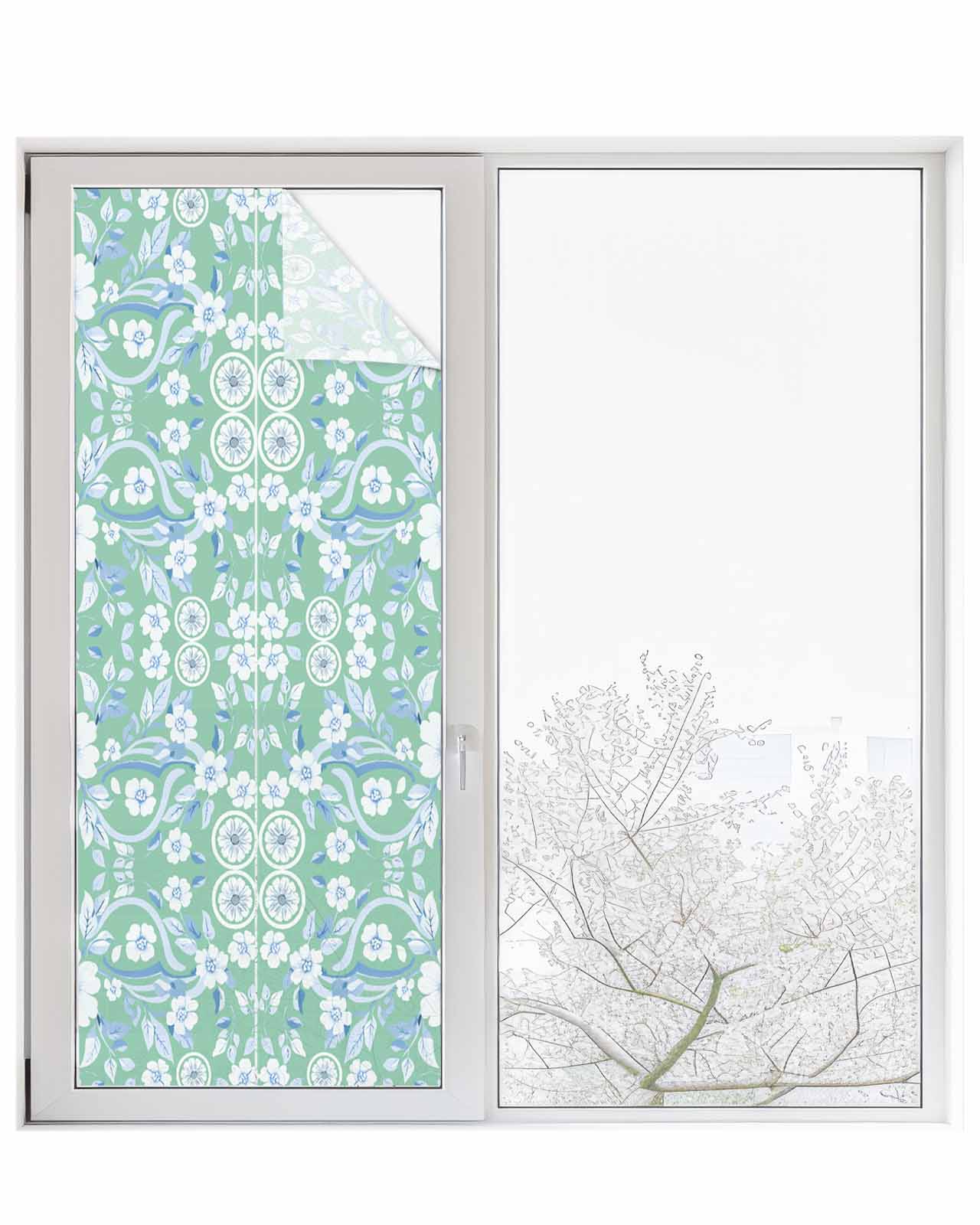 Window Privacy Film Light Green Blue Floral Stained Glass Window Film ...