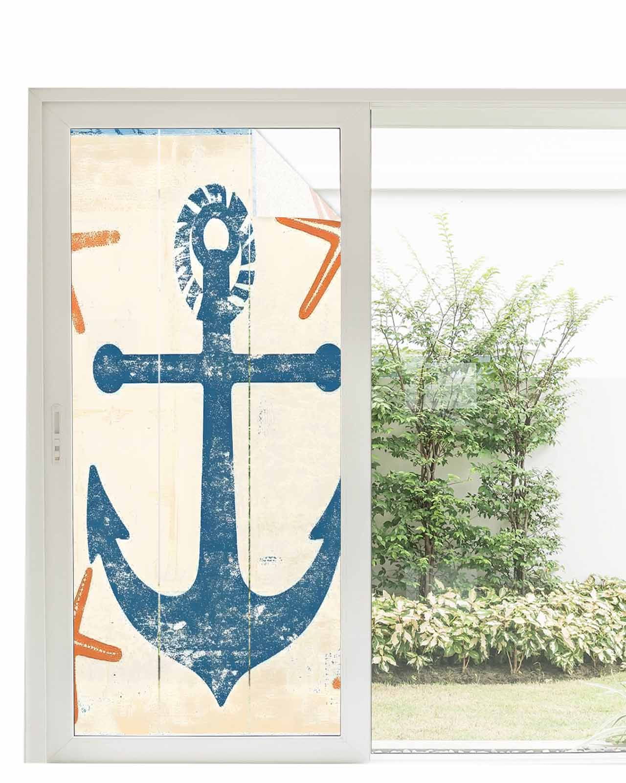 Window Privacy Film Nautical Anchor Blue Stained Glass Window Film ...