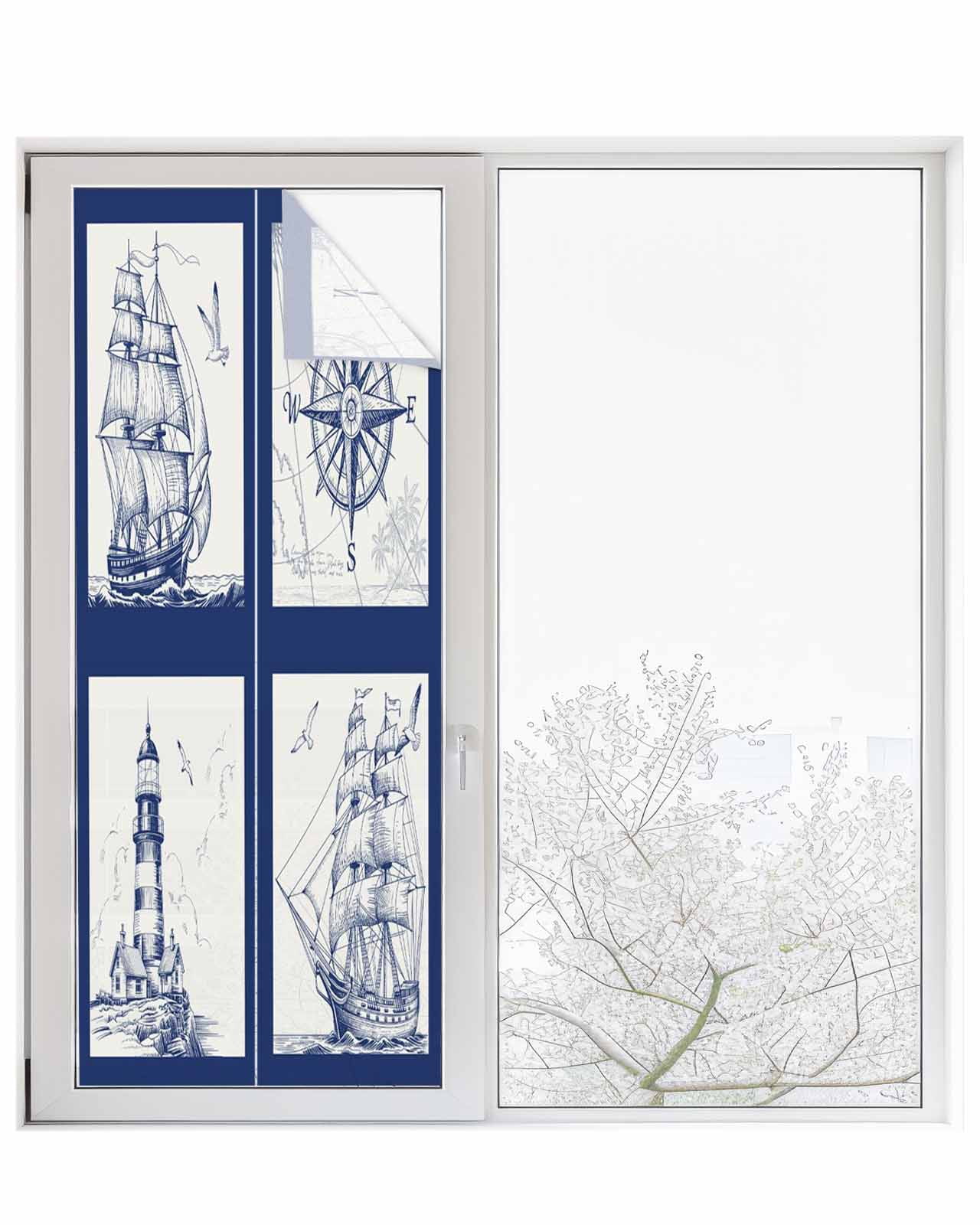 Window Privacy Film Nautical Navy Stained Glass Window Film Decorative ...