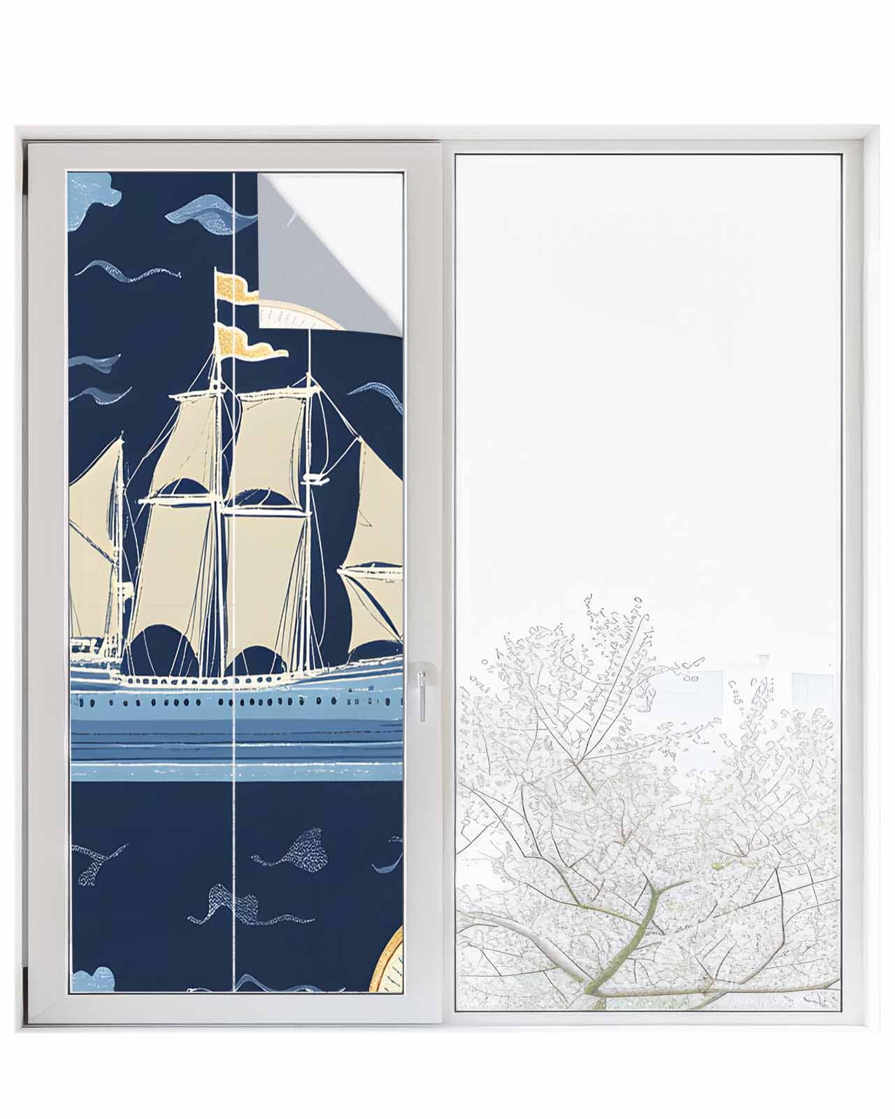 Window Privacy Film Navy Blue Boat Coastal Stained Glass Window Film ...