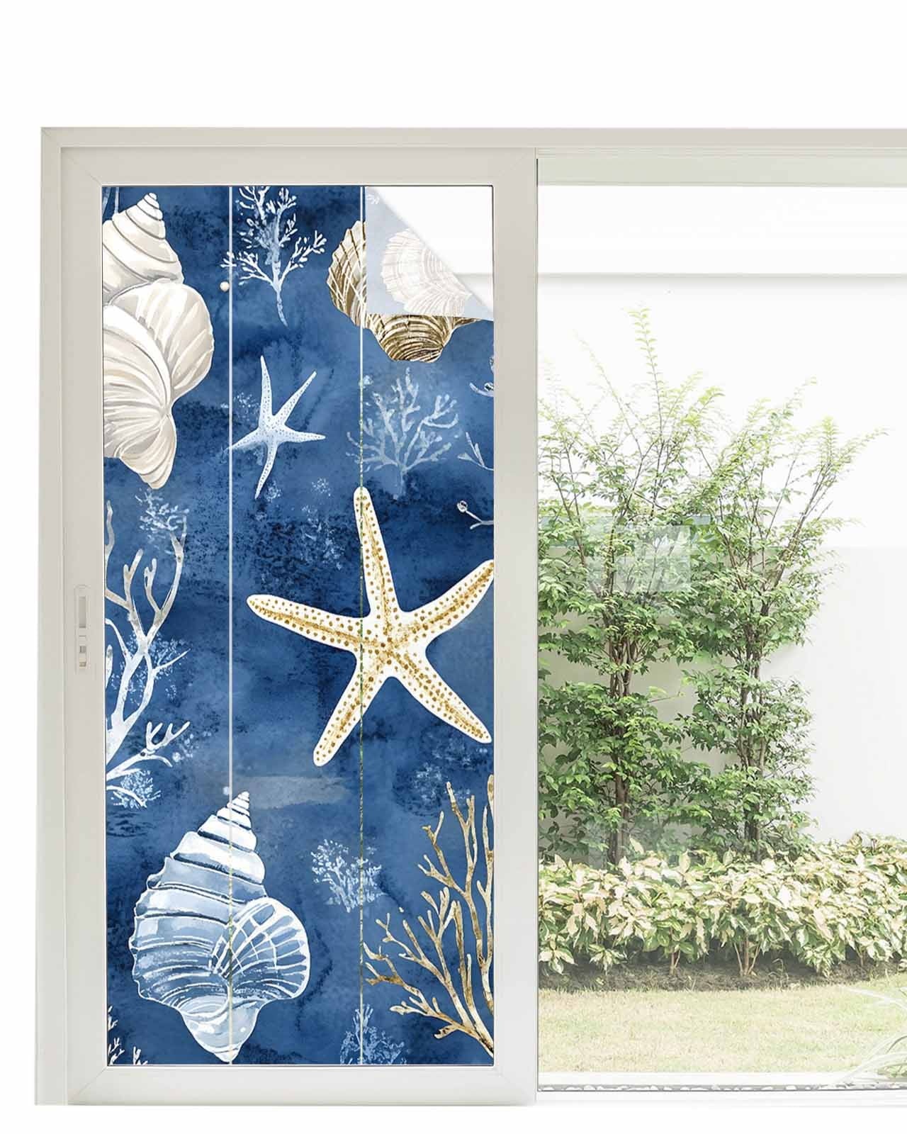 Window Privacy Film Navy Blue Coastal Stained Glass Window Film ...