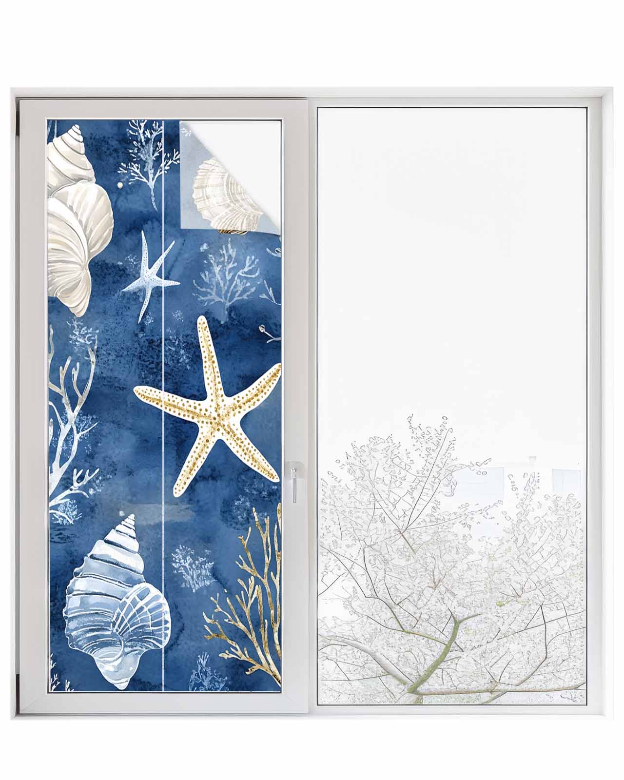 Window Privacy Film Navy Blue Coastal Stained Glass Window Film ...