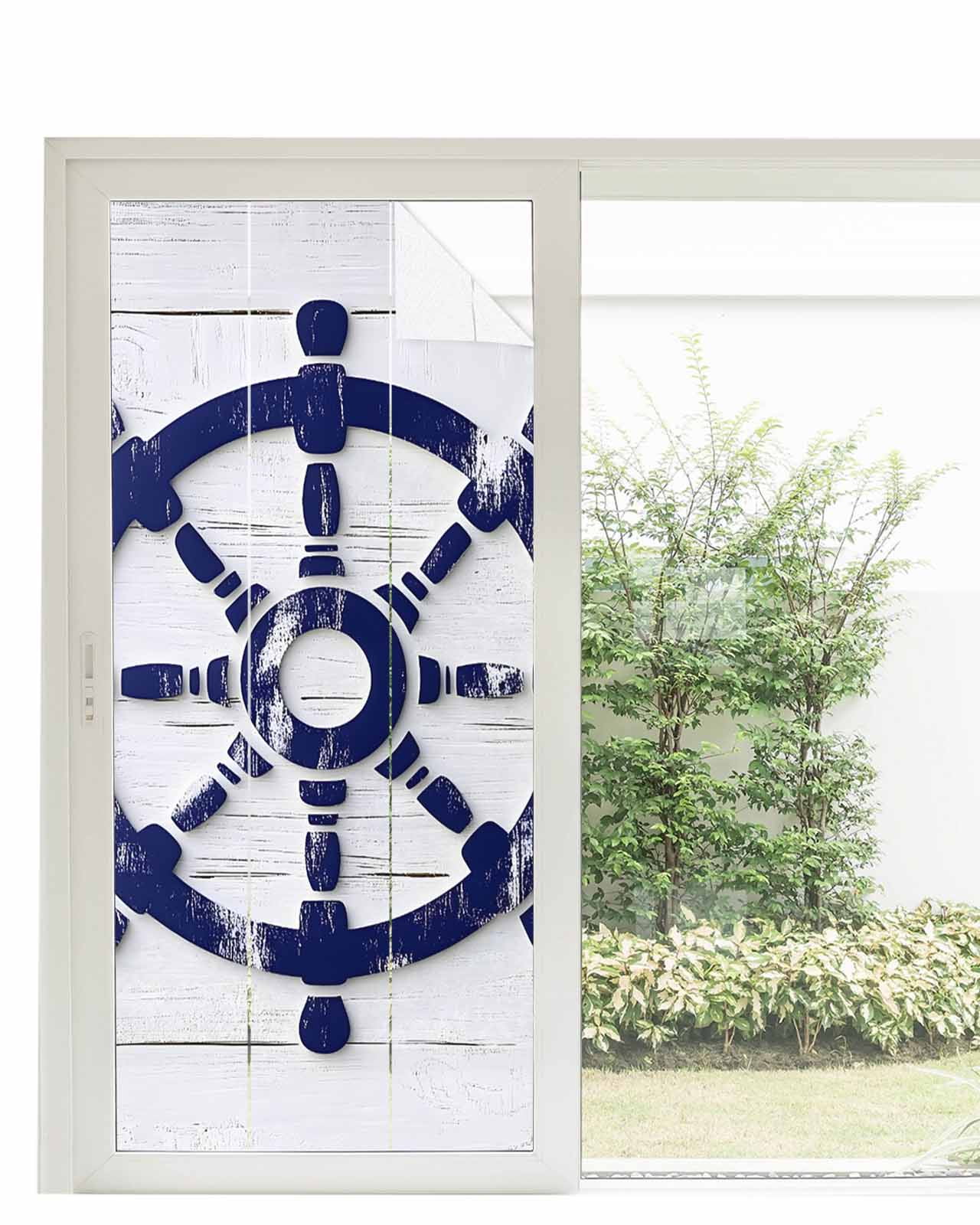 Window Privacy Film Navy Blue Coastal Stained Glass Window Film ...