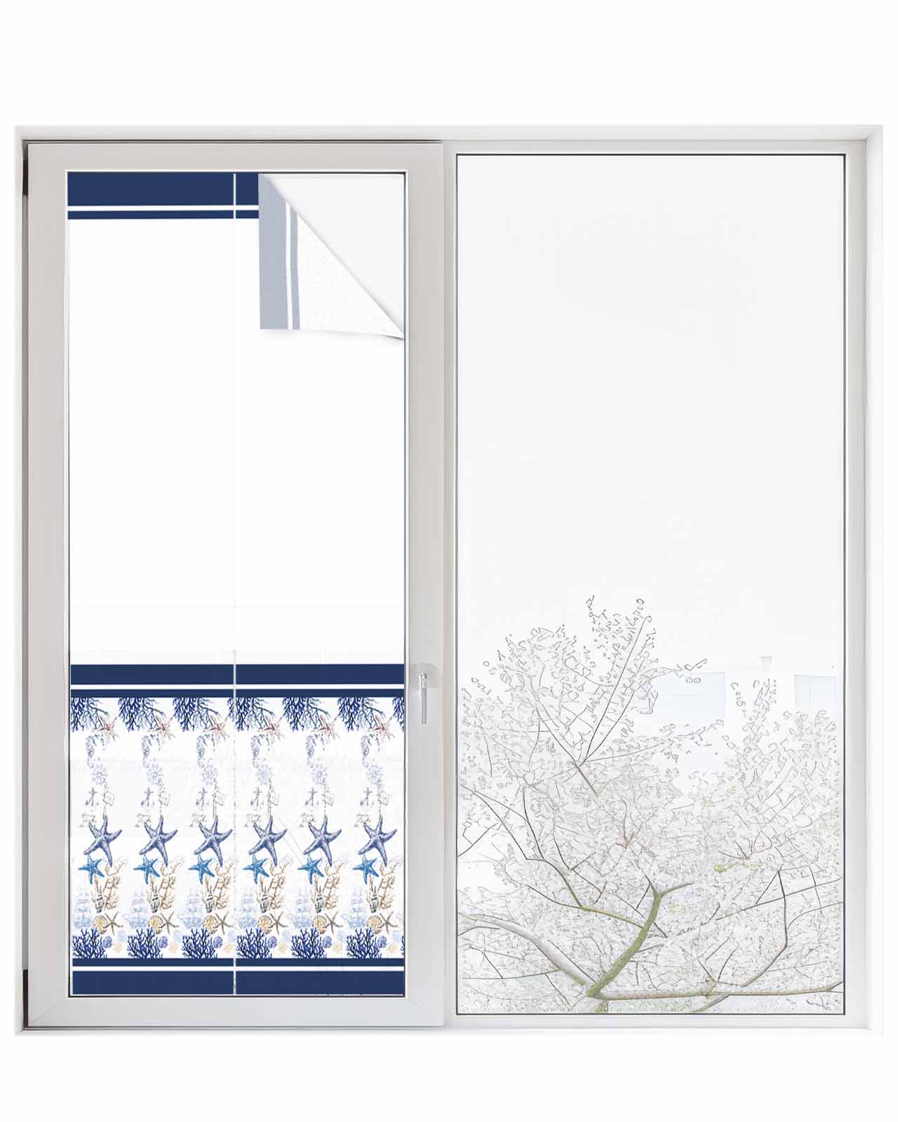 Window Privacy Film Navy Blue Coastal Stained Glass Window Film ...
