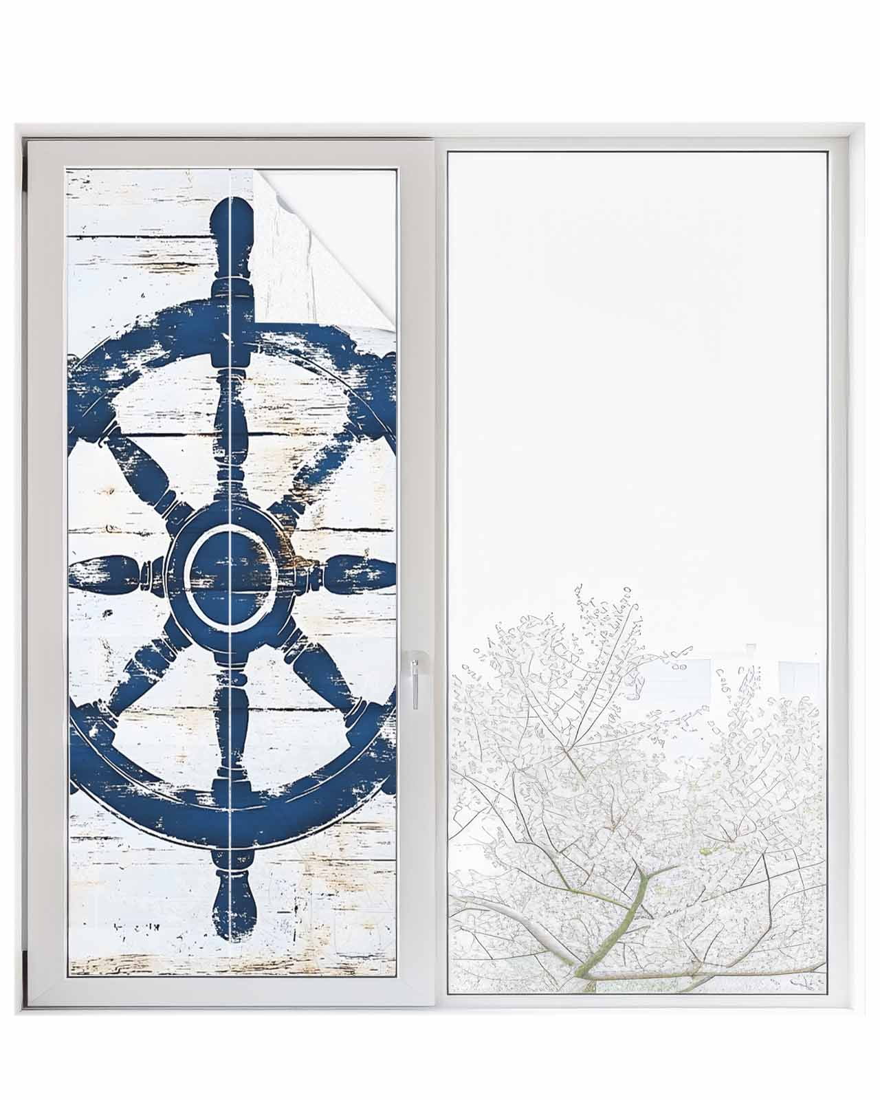 Window Privacy Film Navy Blue Coastal Stained Glass Window Film ...
