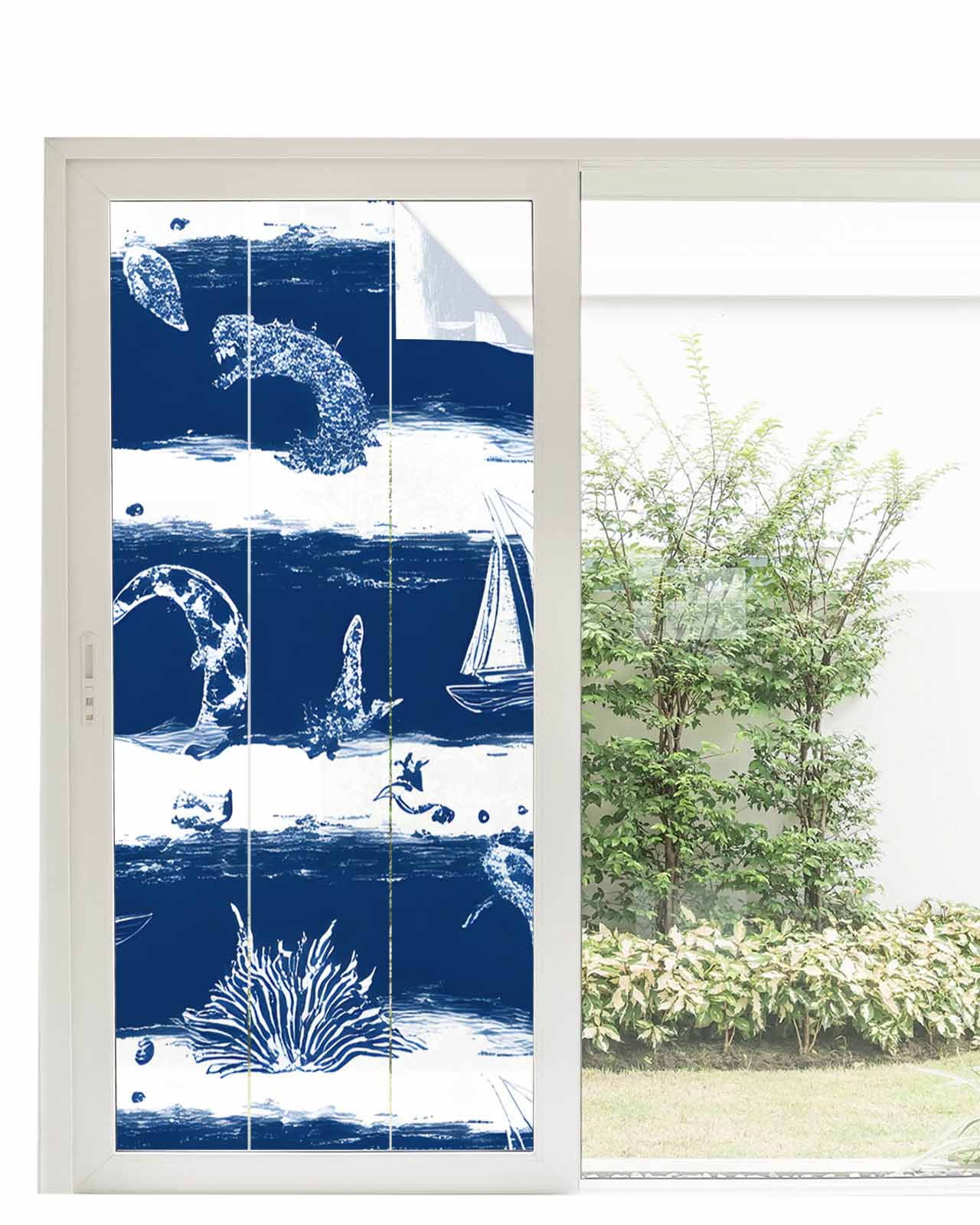 Window Privacy Film Navy Blue Coastal Stained Glass Window Film ...