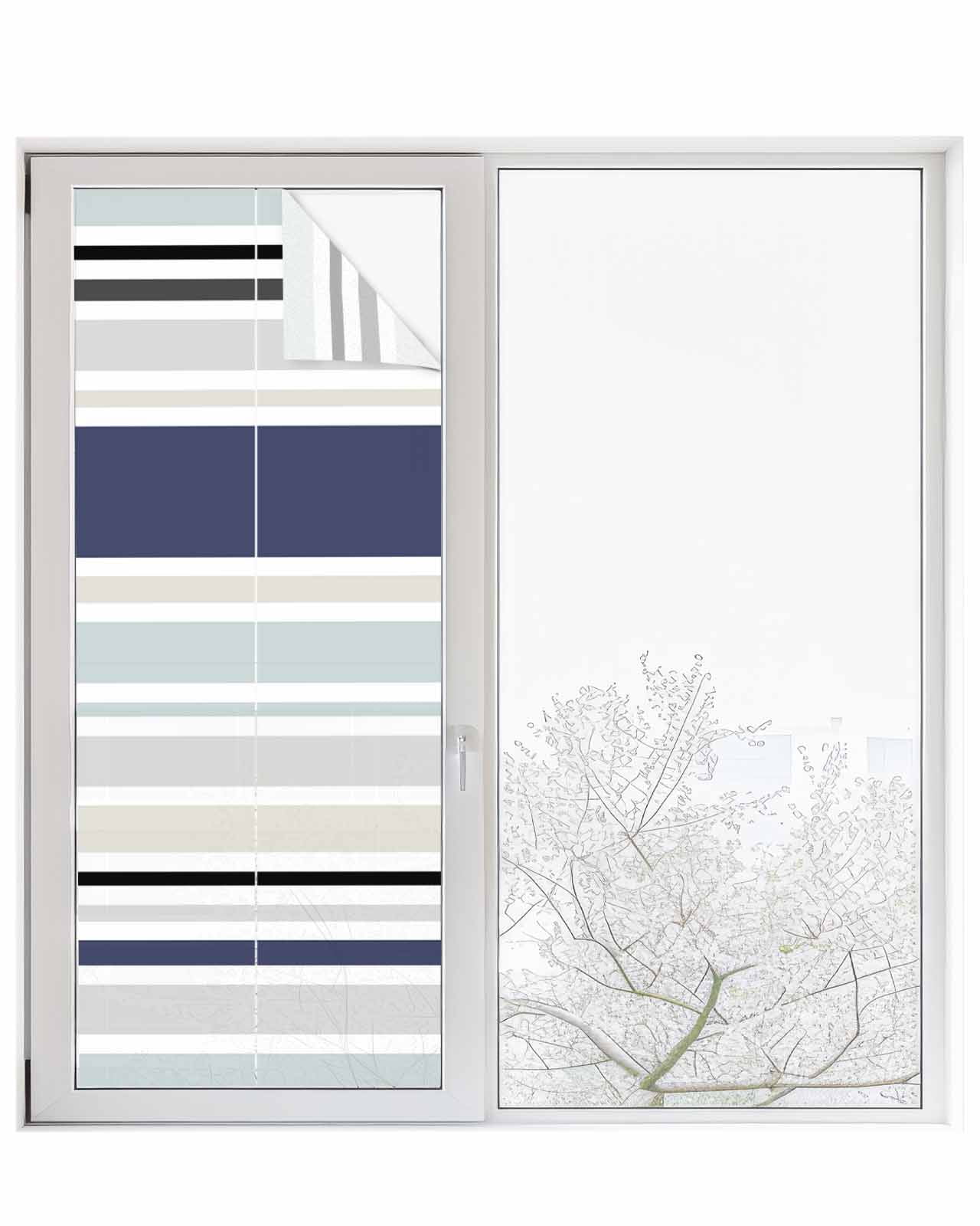 Window Privacy Film, Navy Blue Grey Aqua Striped Sun Blocking Window ...
