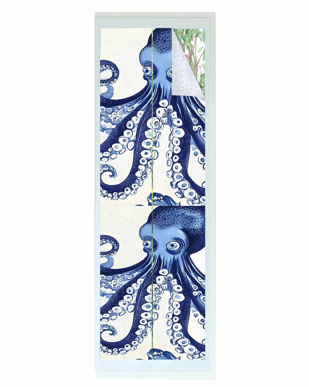 Window Privacy Film Navy Blue Octopus Coastal Stained Glass Window Film ...