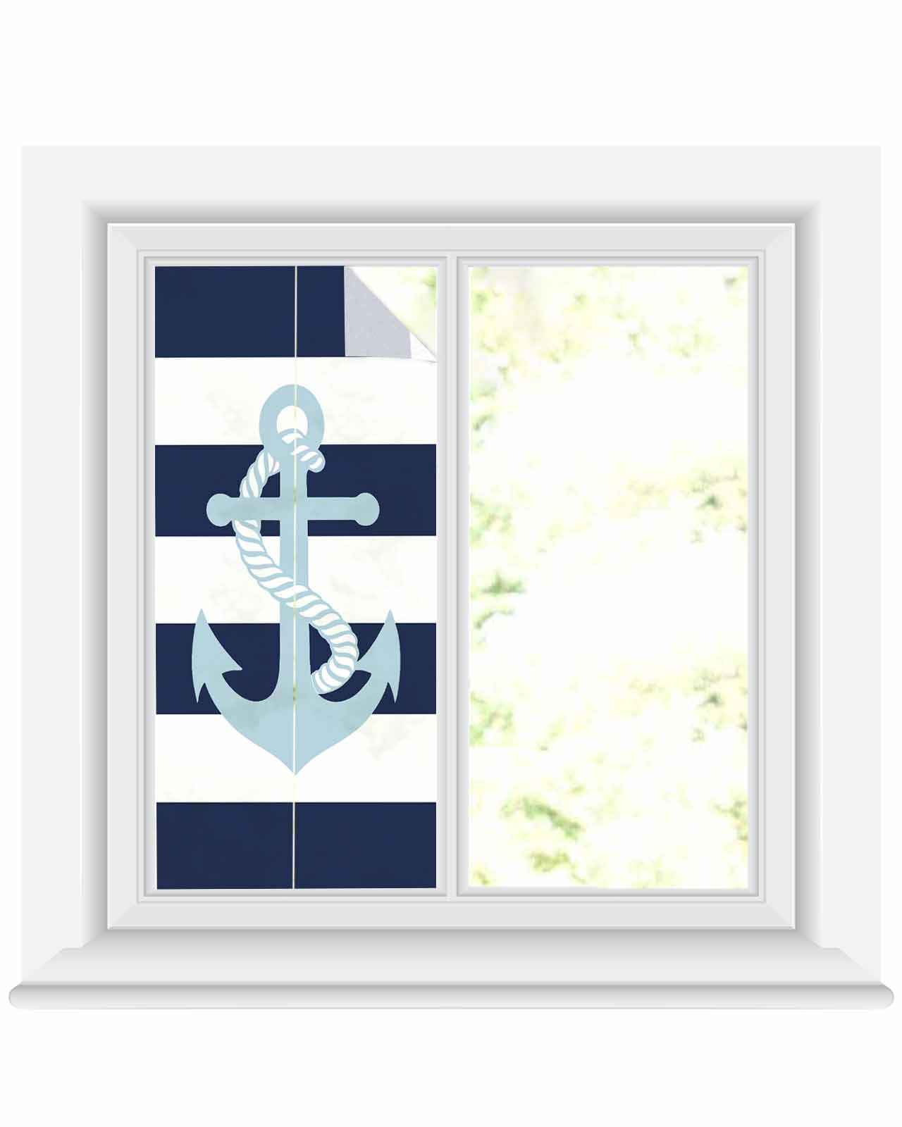 Window Privacy Film Navy Blue Stripe Nautical Stained Glass Window Film ...