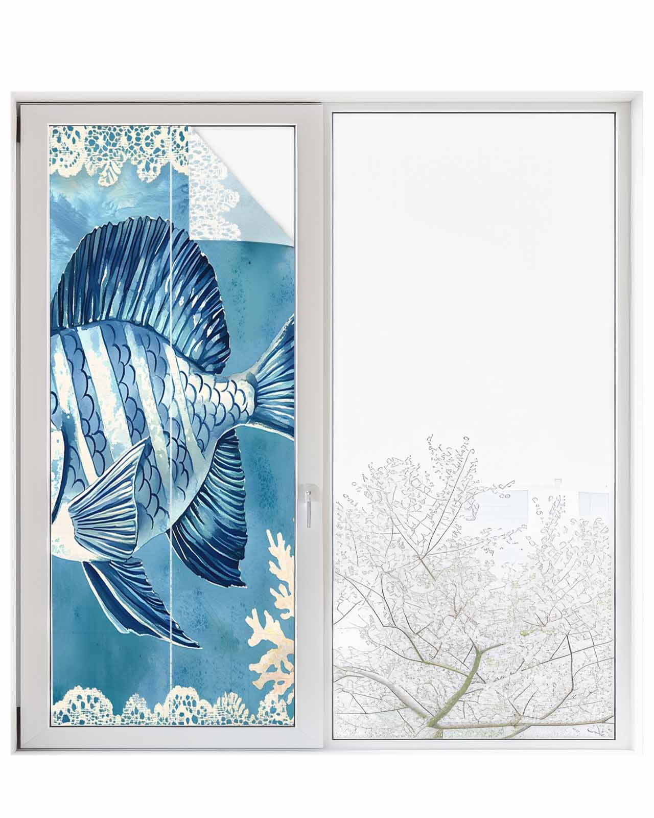 Window Privacy Film Ocean Blue Fish Stained Glass Window Film ...
