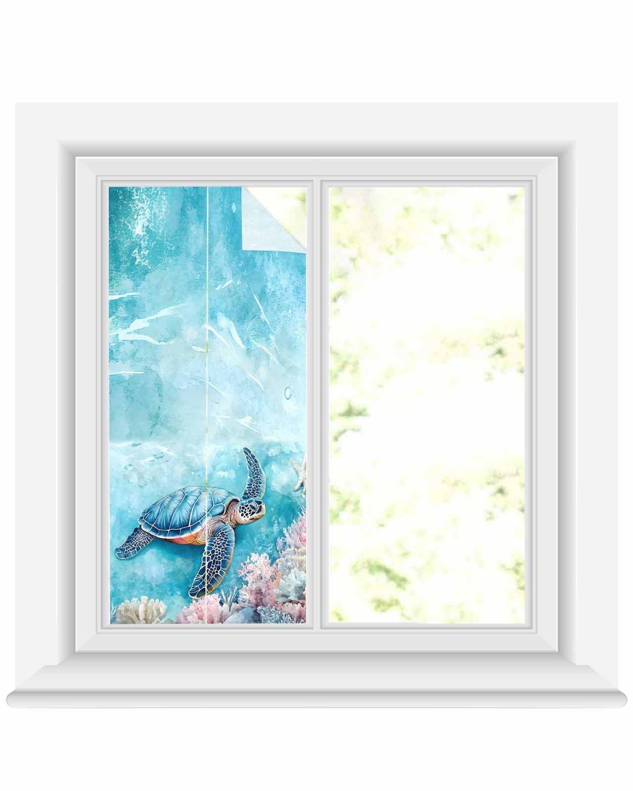 Window Privacy Film Ocean Turtle Stained Glass Window Film Decorative Sun Block Window Cover ...