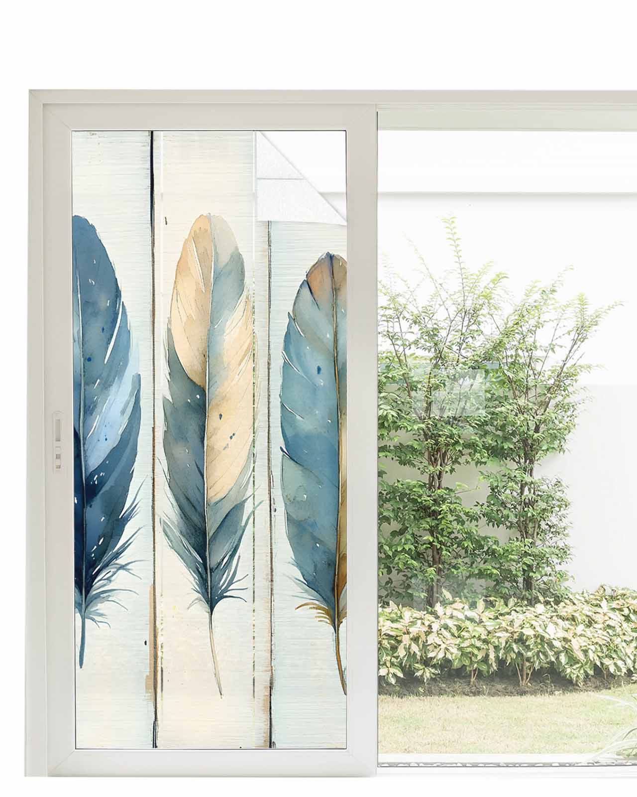 Window Privacy Film Ombre Blue Brown Feathers Stained Glass Window Film ...