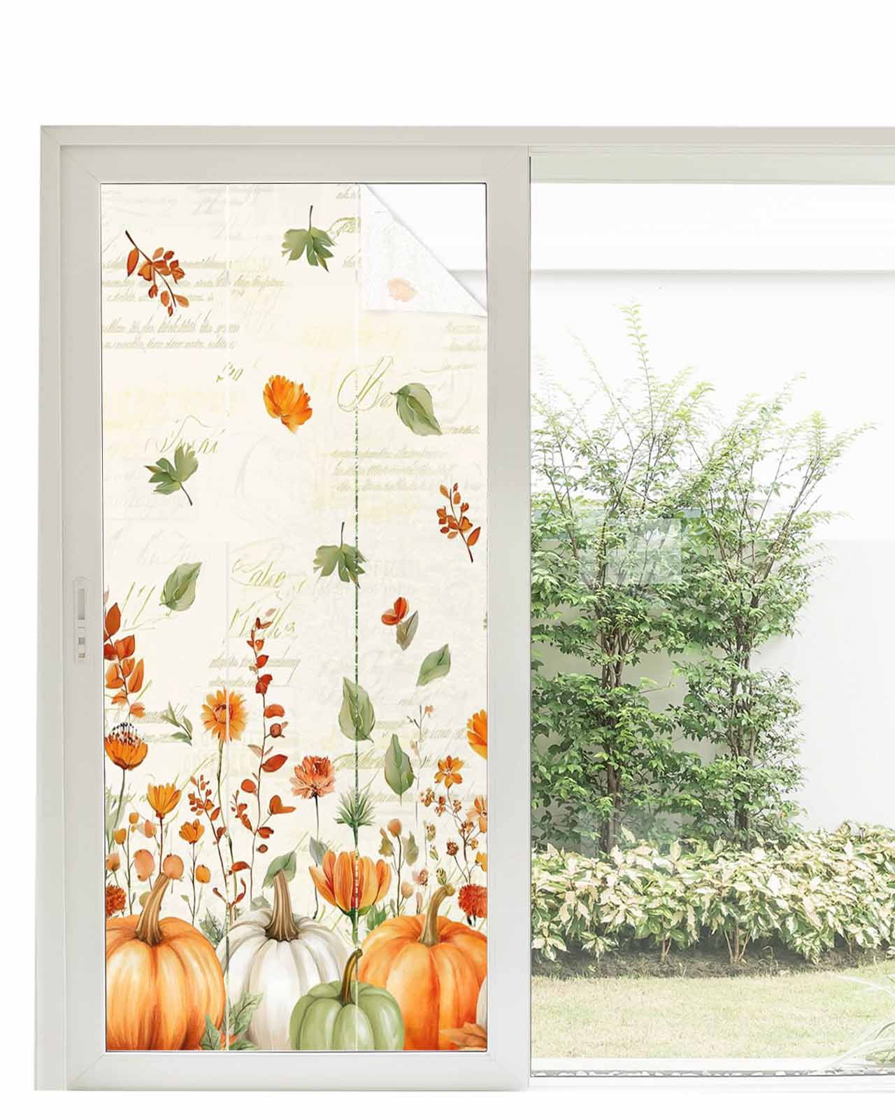 Window Privacy Film Orange White Pumpkins Fall Stained Glass Window ...