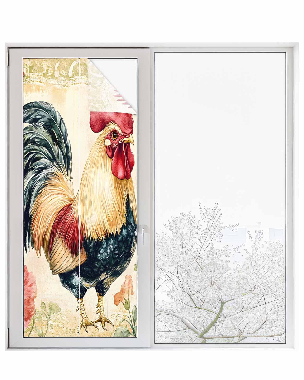 Window Privacy Film Pink Spring Floral Rooster Stained Glass Window ...