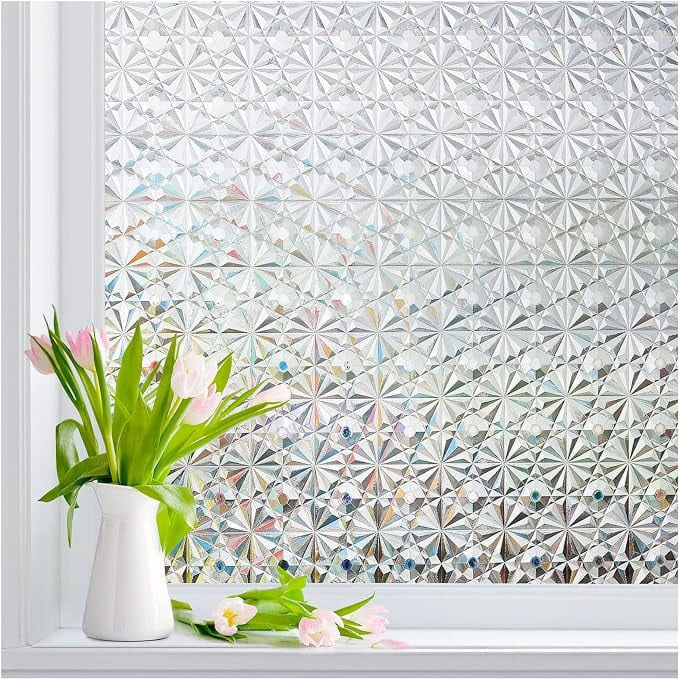 Window Privacy Film Frosted Glass Rainbow Clings Stained Glass Bathroom Static Cling 3D Diamond Prism Frosting Decorative Window Stickers Antique Opaque Sun Blocking Door Covering Pure 17.5x78.7 in Wa...