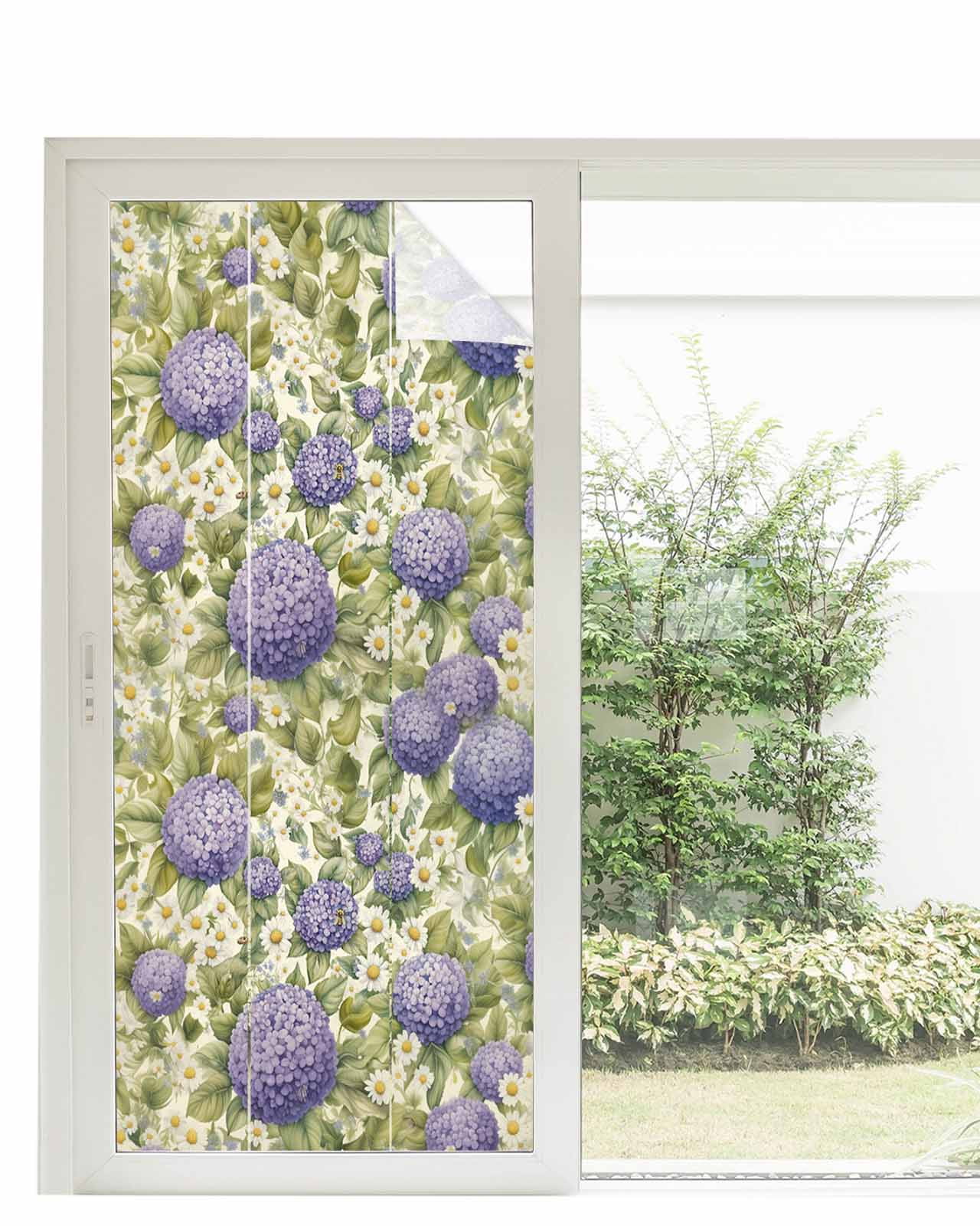 Window Privacy Film Purple Hydrangeas Stained Glass Window Film Decorative Sun Block Window ...