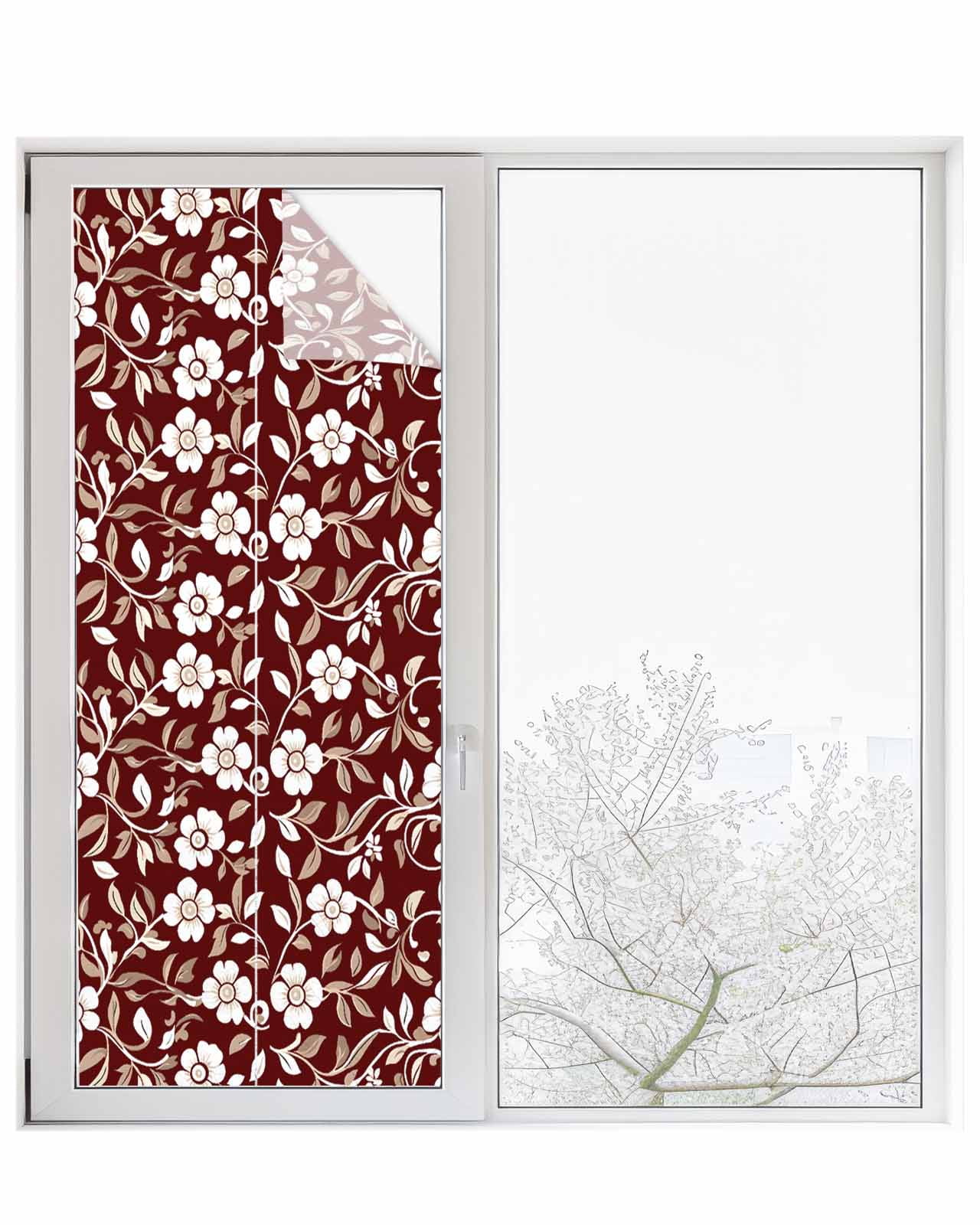 Window Privacy Film Red White Floral Stained Glass Window Film Decorative Sun Block Window Cover ...