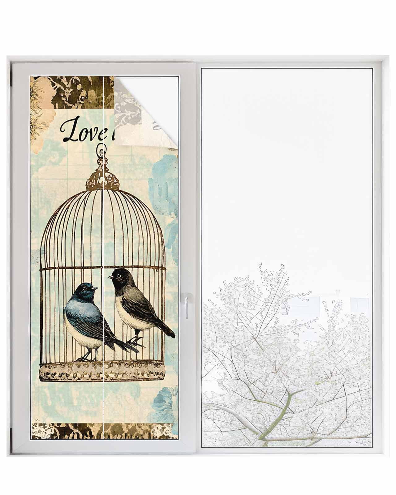 Window Privacy Film Retro Birds Cage Stained Glass Window Film Decorative Sun Block Window Cover ...