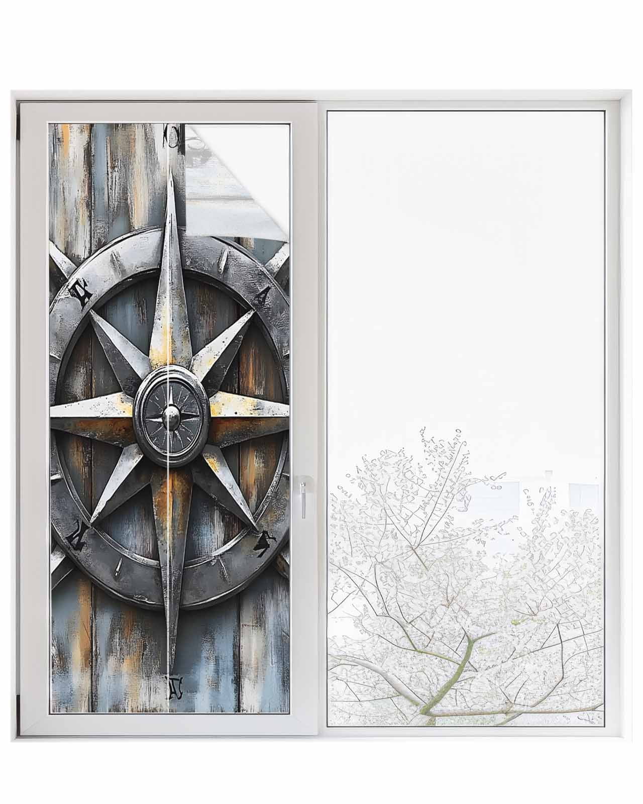 Window Privacy Film Retro Compass Coastal Stained Glass Window Film ...