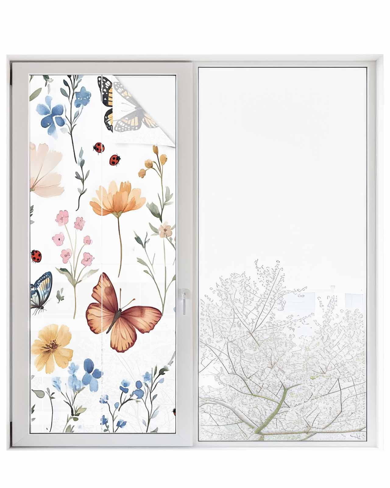 Window Privacy Film Rustic Butterfly Flowers Stained Glass Window Film ...