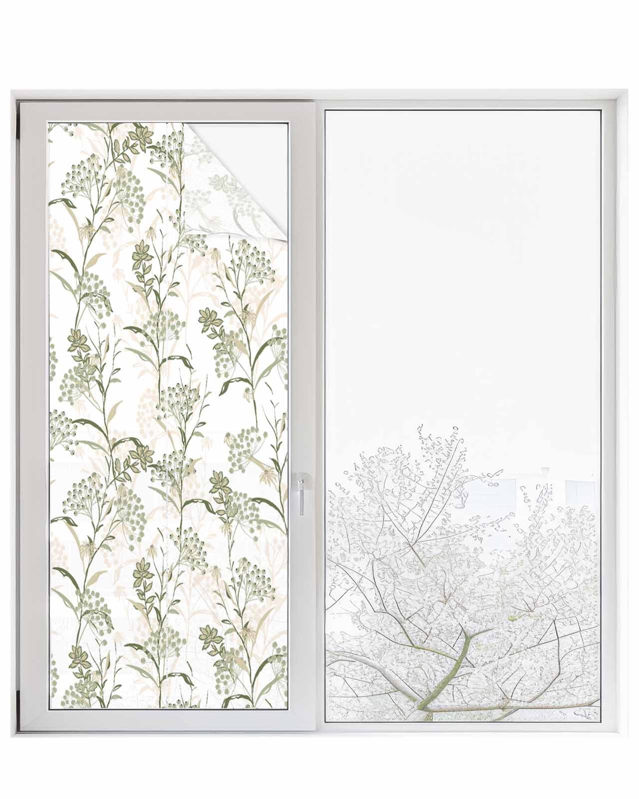 Window Privacy Film, Sage Green Botanical Floral Sun Blocking Window ...