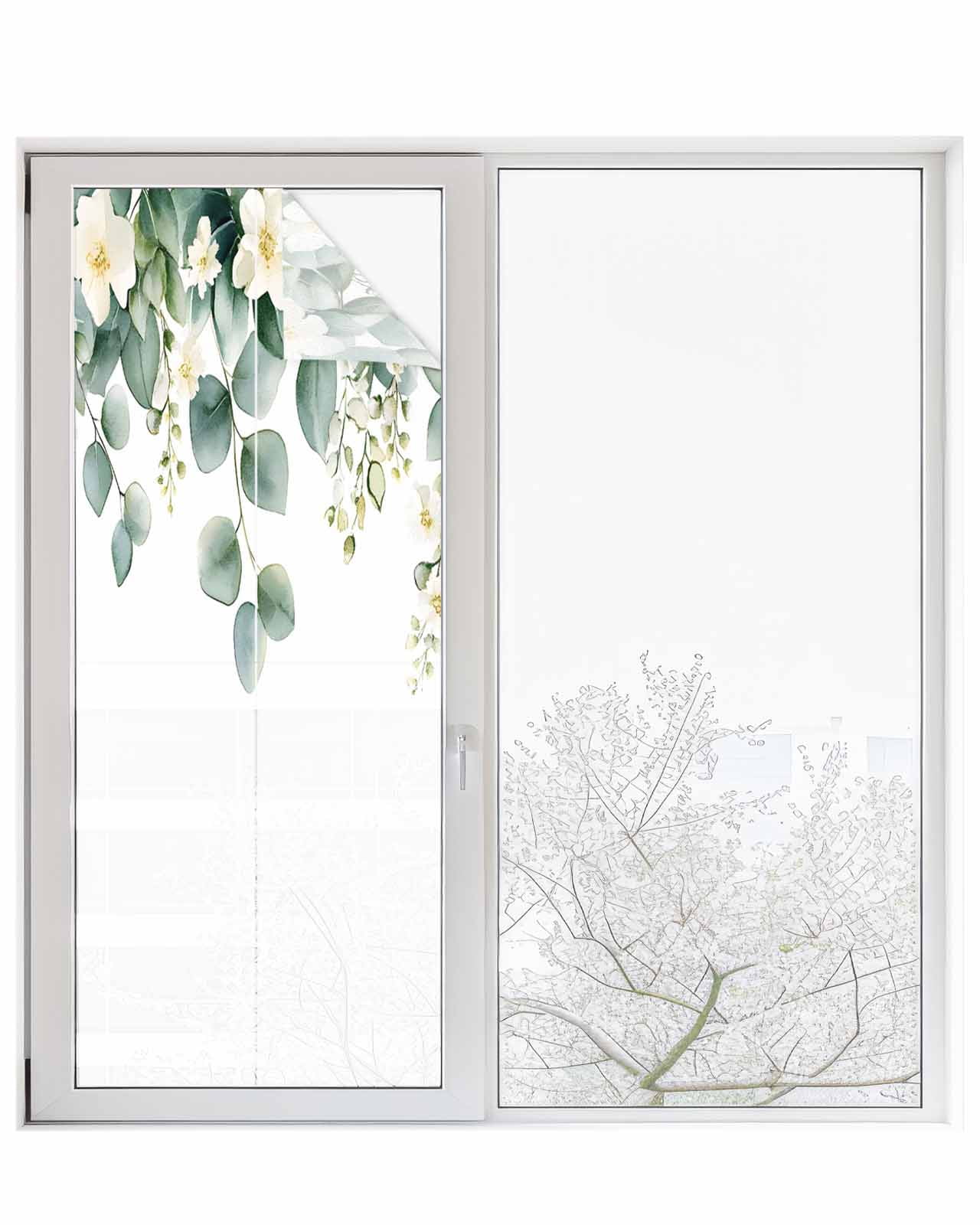 Window Privacy Film Sage Green Eucalyptus Leaves Stained Glass Window Film Decorative Sun Block ...