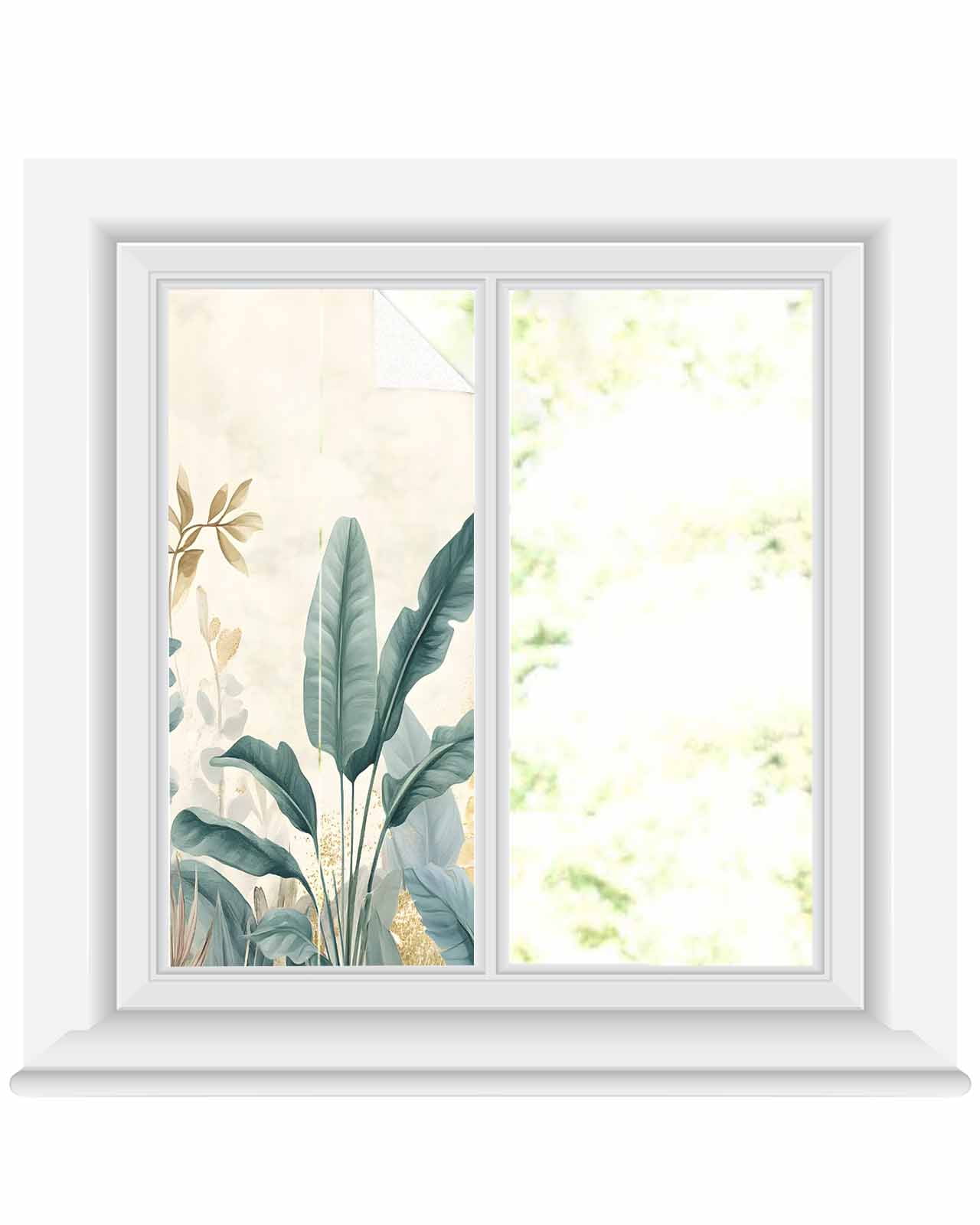 Window Privacy Film Sage Green Tropical Leaves Stained Glass Window ...