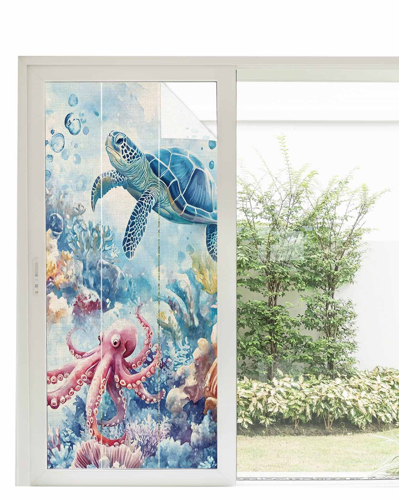 Window Privacy Film Sea Turtle Octopus Stained Glass Window Film ...