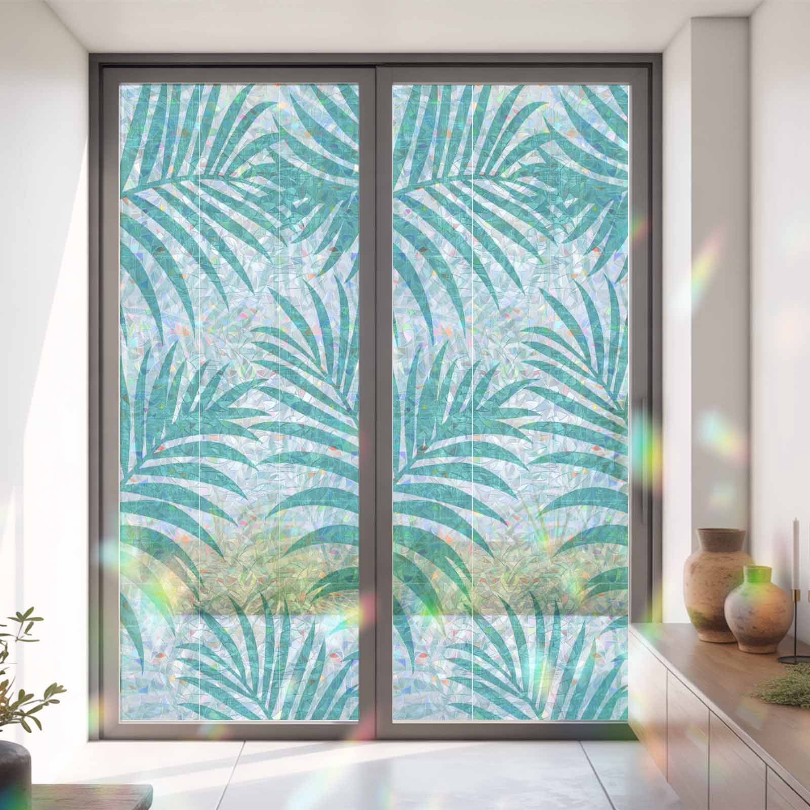 Window Privacy Film Summer Green Palm Leaves Stained Glass Static Cling ...