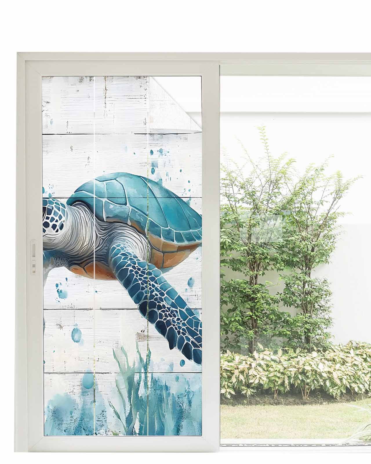 Window Privacy Film Summer Sea Turtle Blue Stained Glass Window Film ...