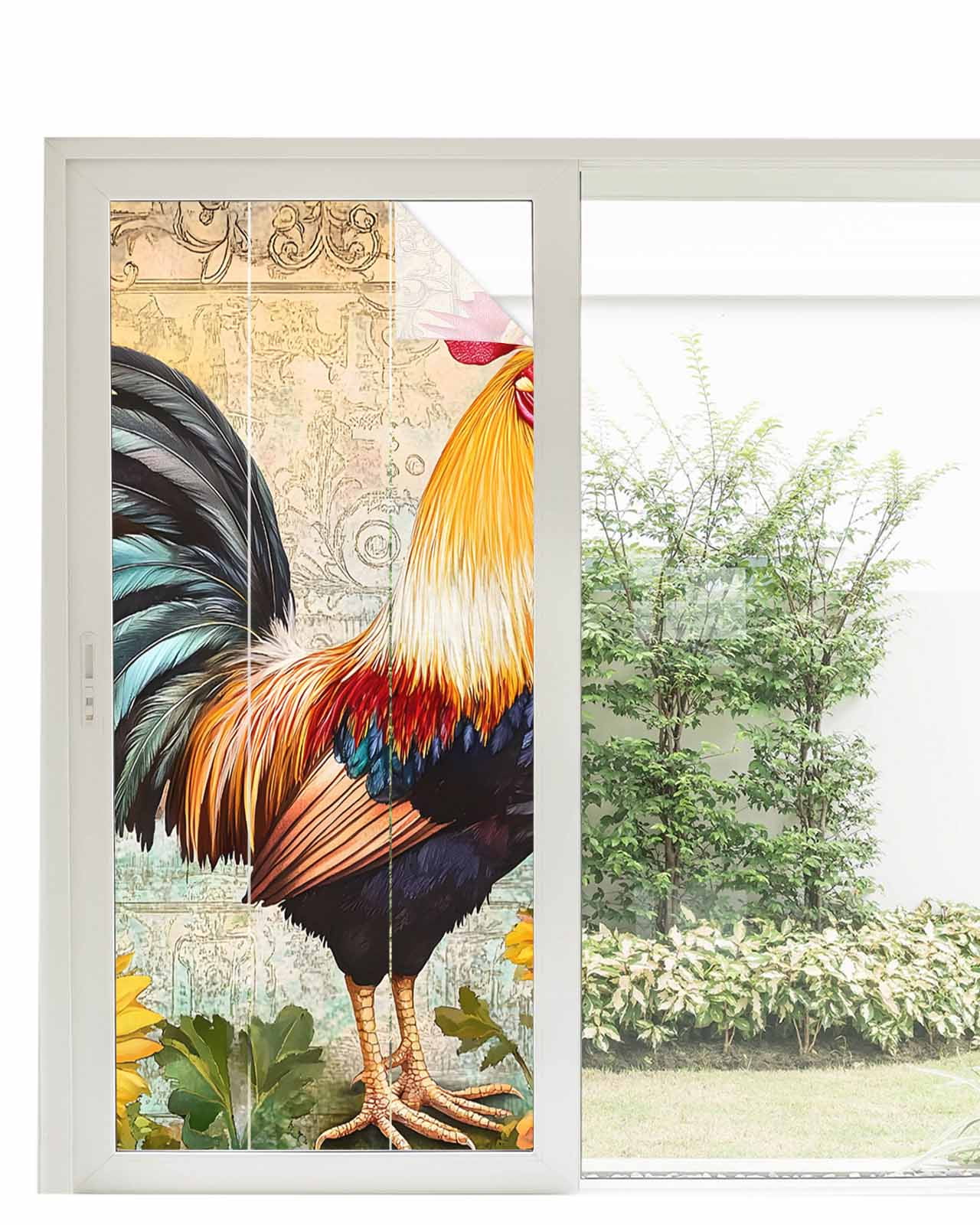 Window Privacy Film Sunflower Retro Rooster Stained Glass Window Film ...