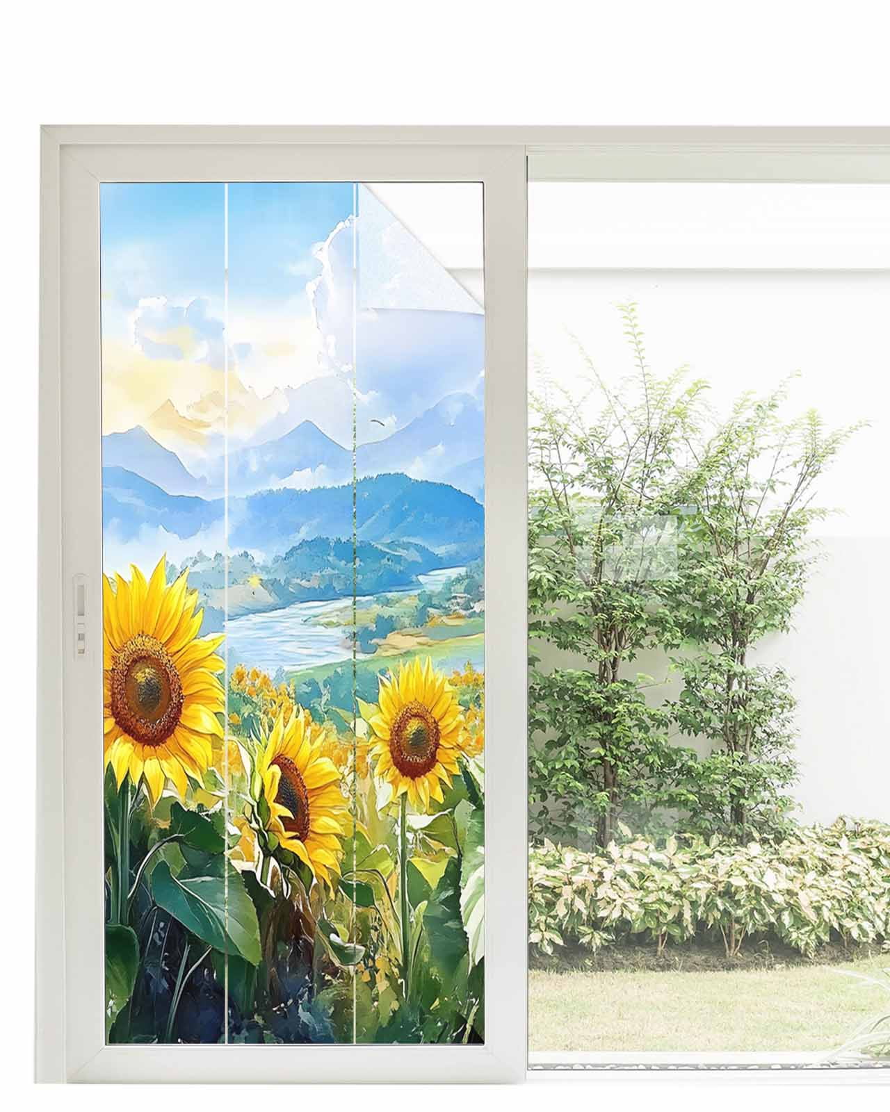 Window Privacy Film Sunflower Summer Stained Glass Window Film Decorative Sun Block Window Cover ...