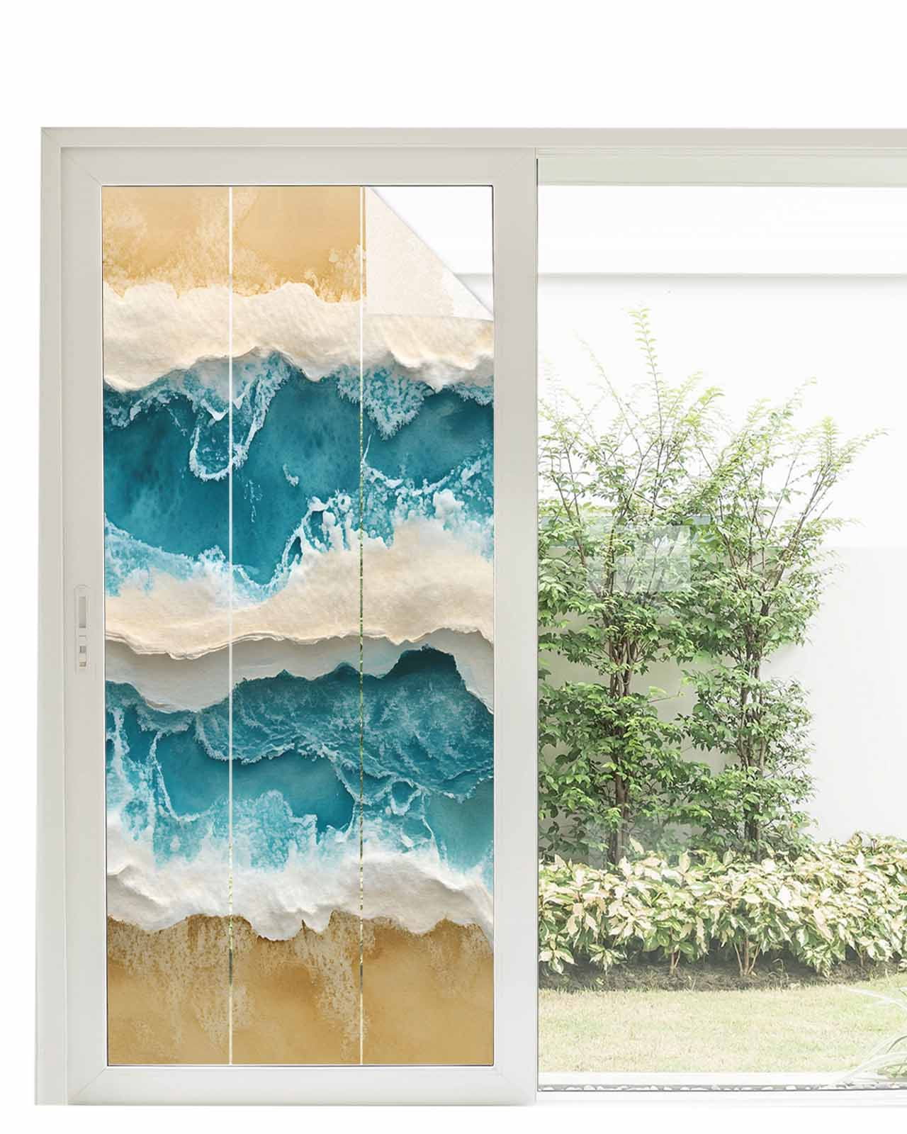 Window Privacy Film Teal Coastal Beach Stained Glass Window Film ...