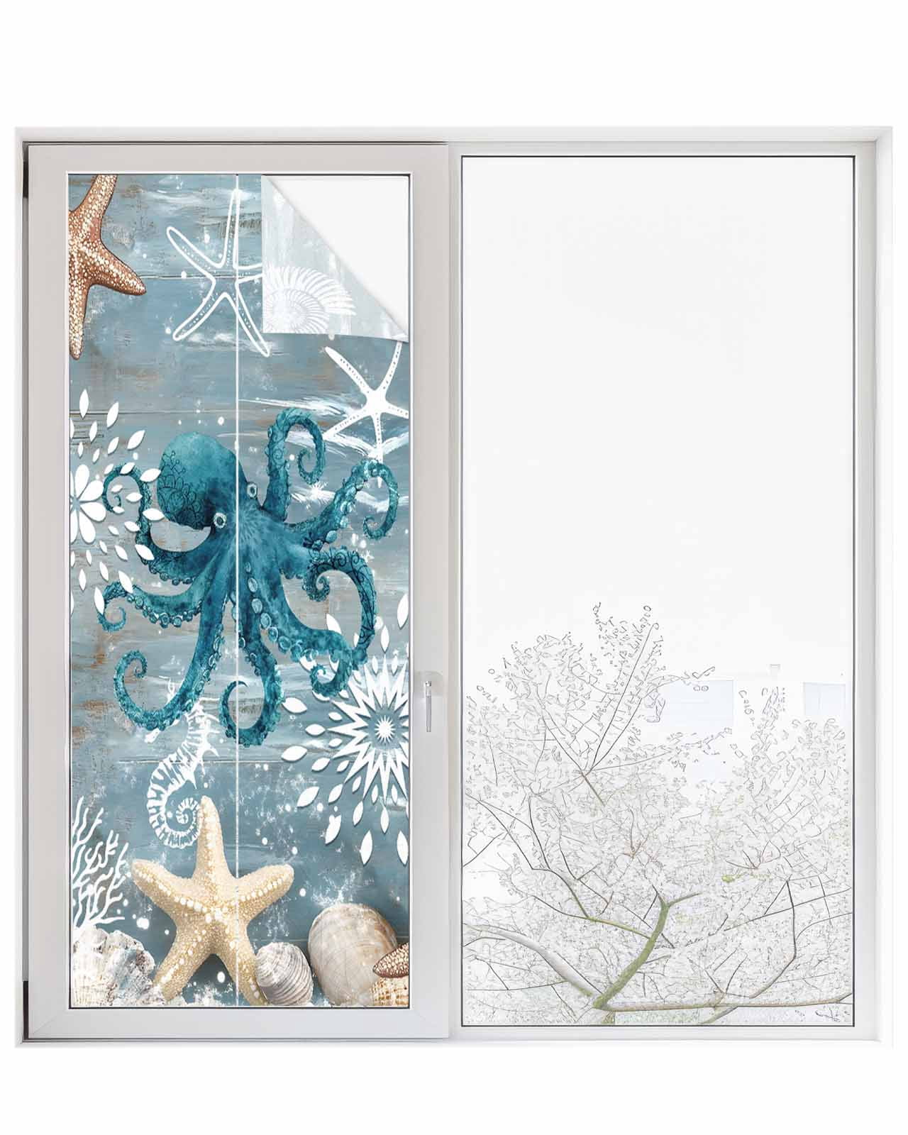 Window Privacy Film Teal Coastal Octopus Stained Glass Window Film ...