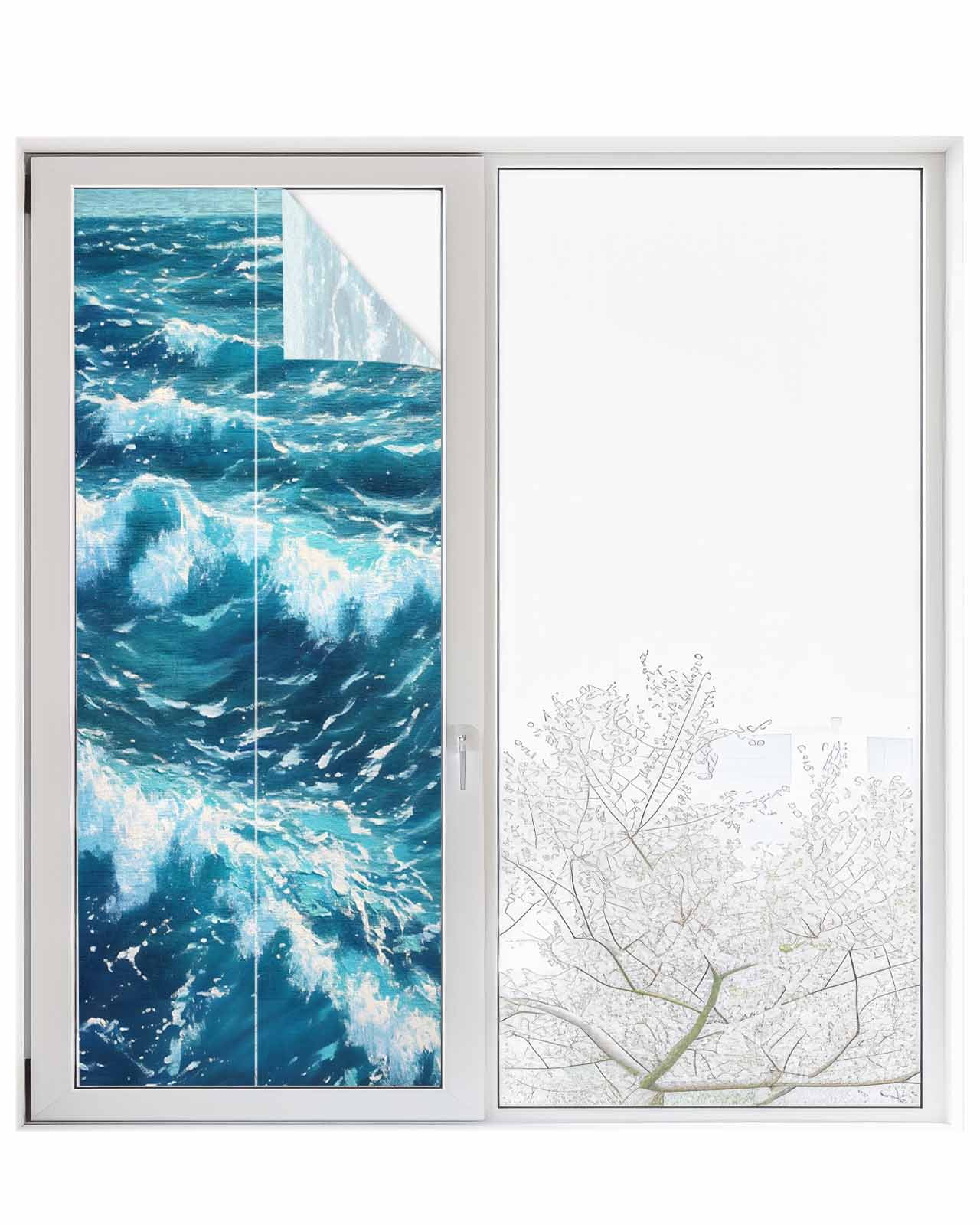 Window Privacy Film Teal Coastal Stained Glass Window Film Decorative Sun Block Window Cover Sea ...