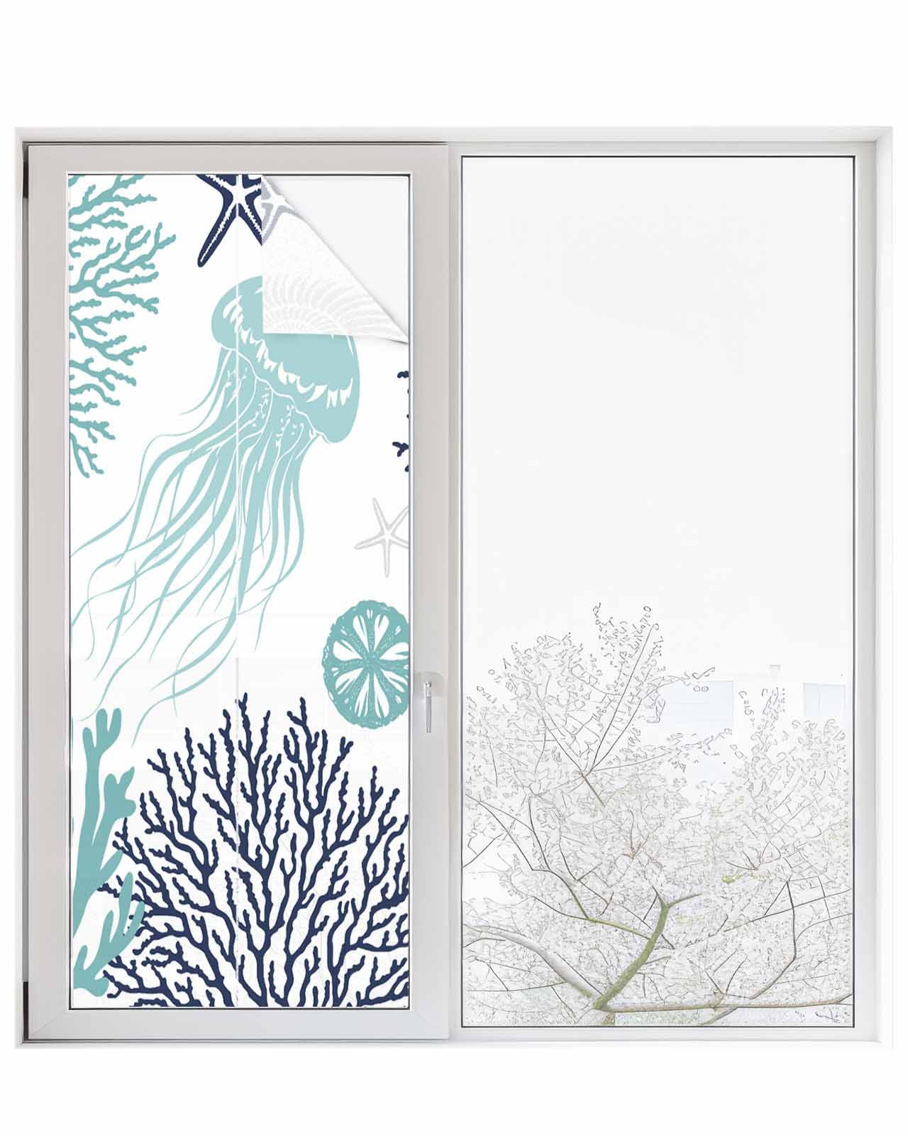 Window Privacy Film Teal Navy Blue Coastal Stained Glass Window Film Decorative Sun Block Window ...