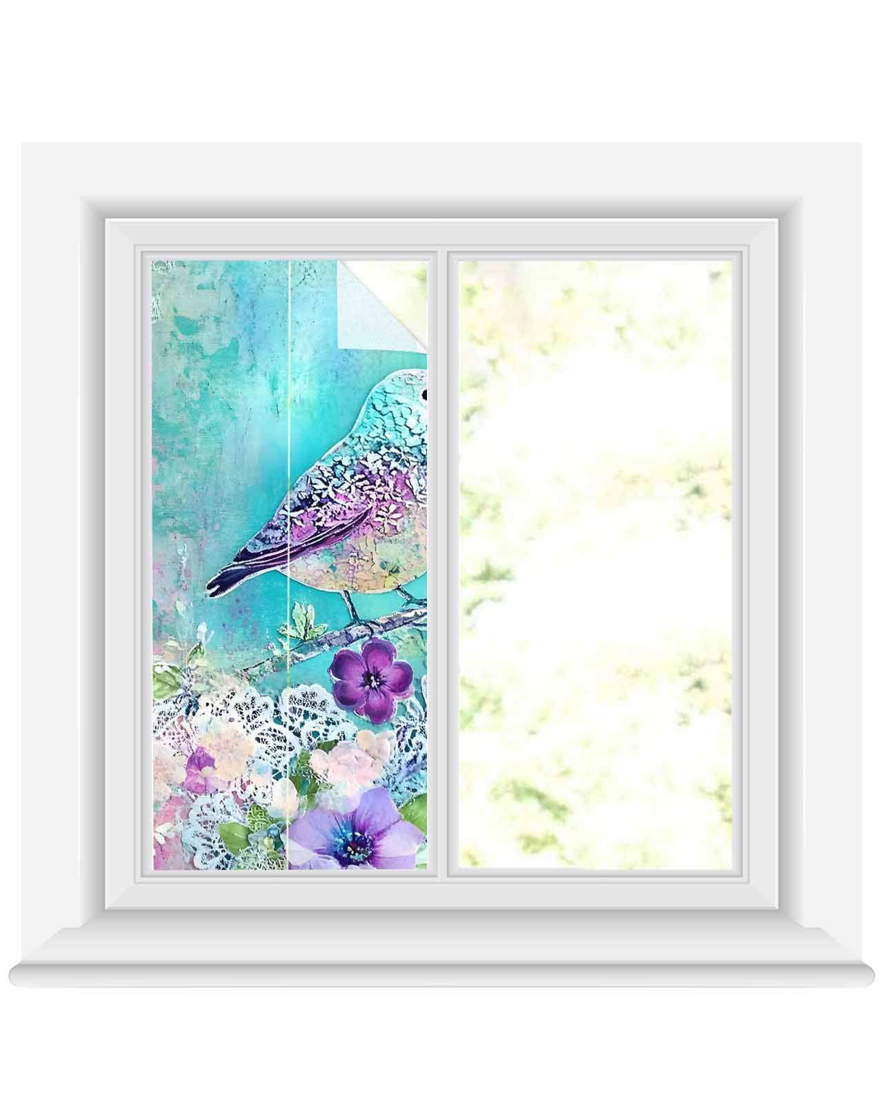 Window Privacy Film Teal Pink Birds Stained Glass Window Film Decorative Sun Block Window Cover ...
