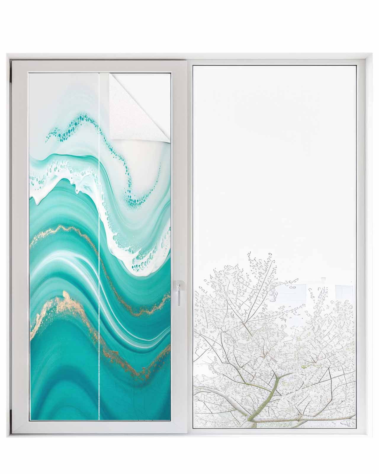 Window Privacy Film Teal Waves Abstract Stained Glass Window Film ...