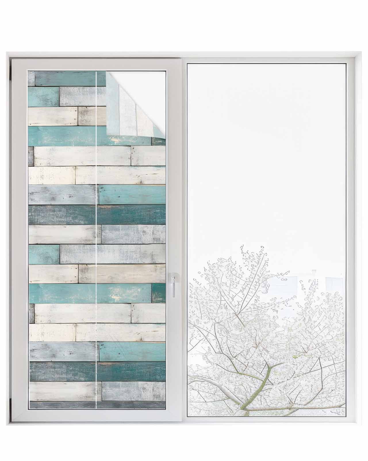 Window Privacy Film Turquoise Grey Wooden Stained Glass Window Film ...