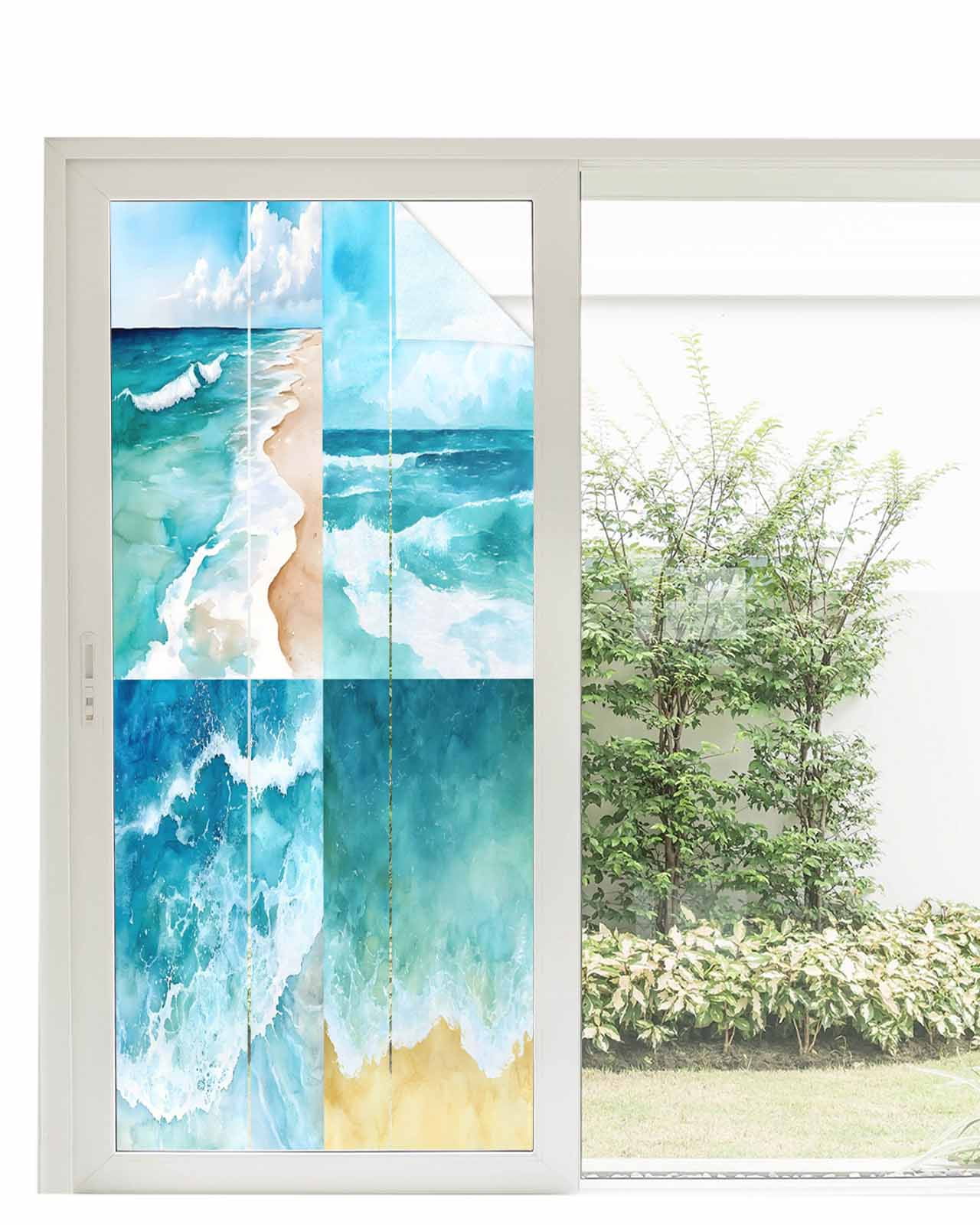 Window Privacy Film Turquoise Summer Beach Stained Glass Window Film ...